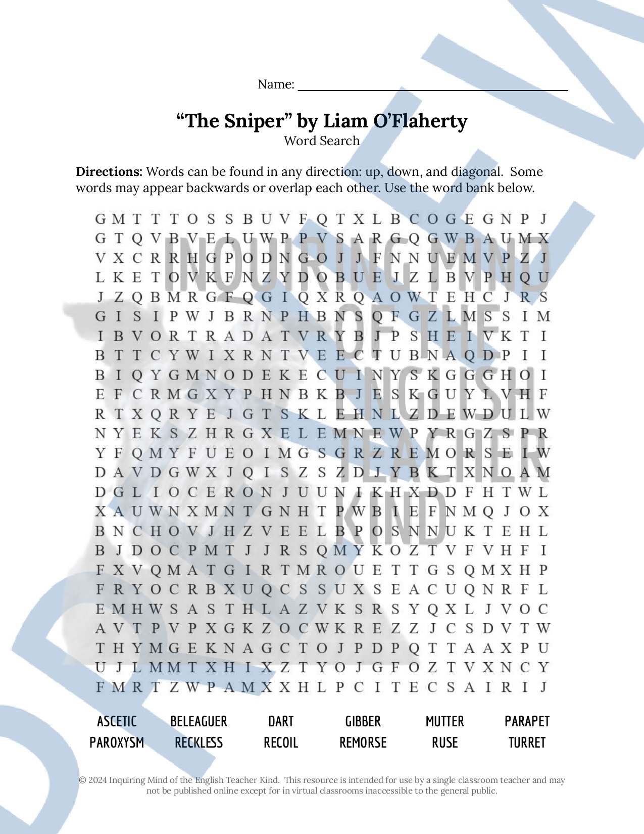 "The Sniper" by Liam O'Flaherty Quiz, Close Reading, and Vocabulary ...