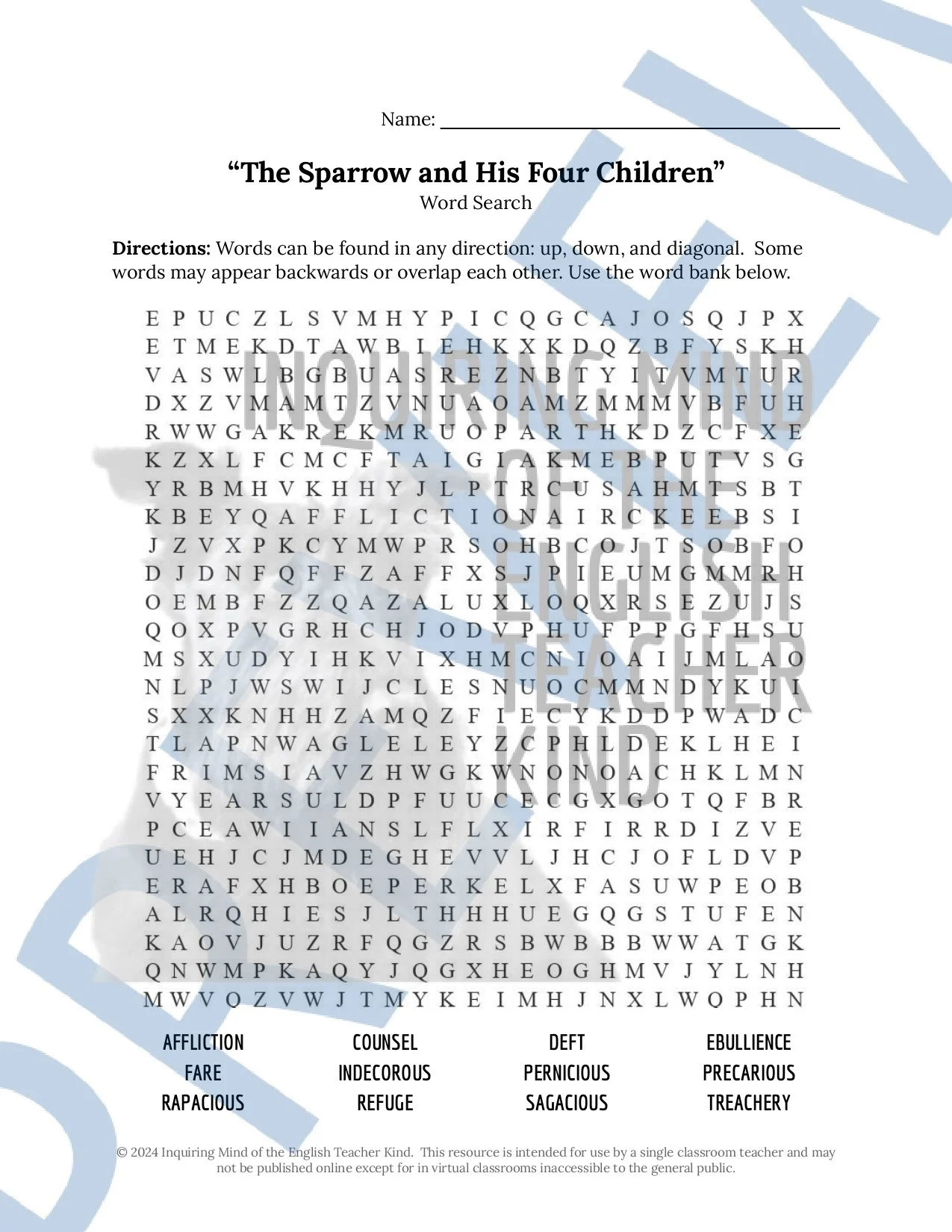 "The Sparrow and His Four Children" Quiz, Close Reading, and Vocabulary ...