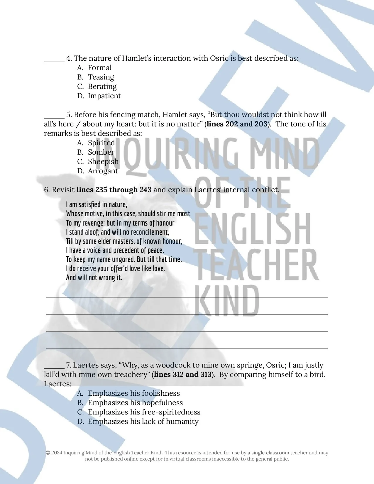 Hamlet Act 5 Quiz, Close Reading Worksheets, and Vocabulary Games ...