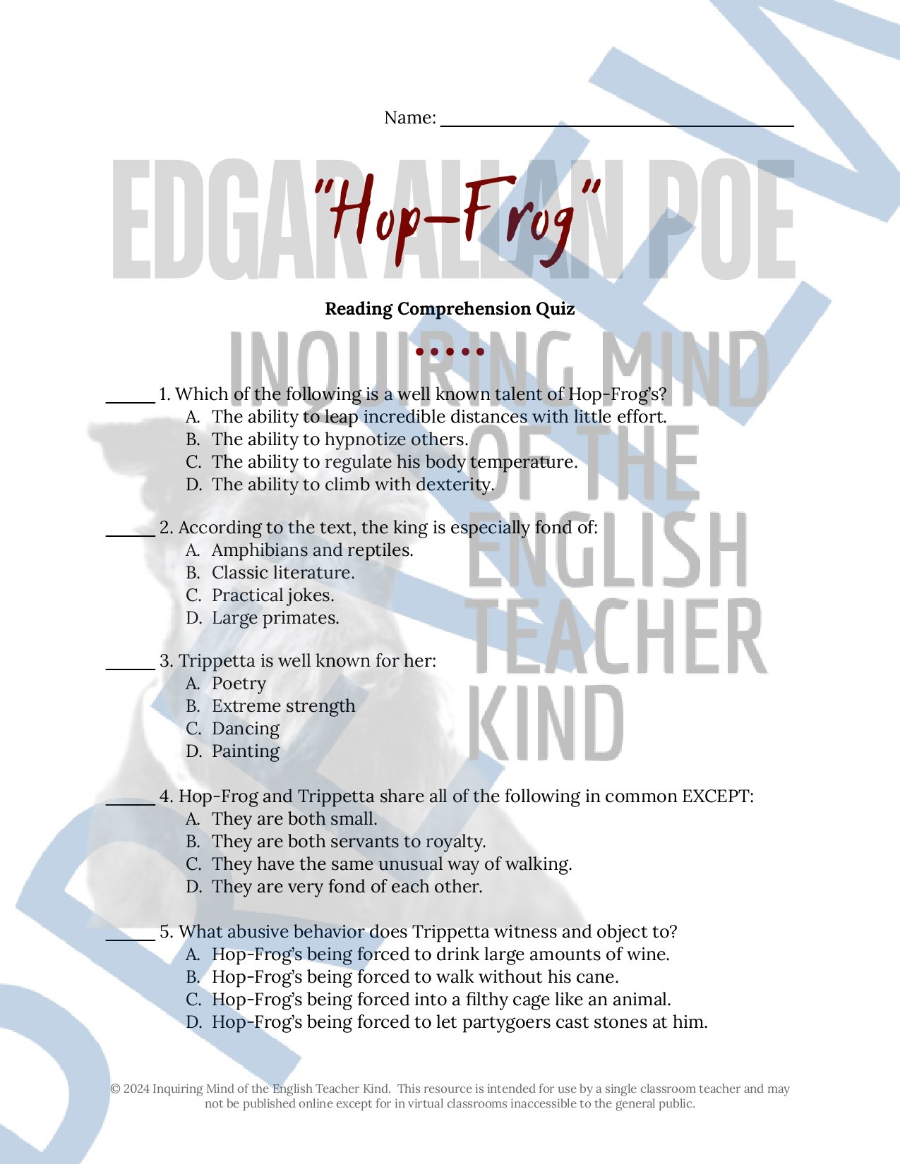 "Hop Frog" by Edgar Allan Poe Quiz, Close Reading Worksheets, and ...