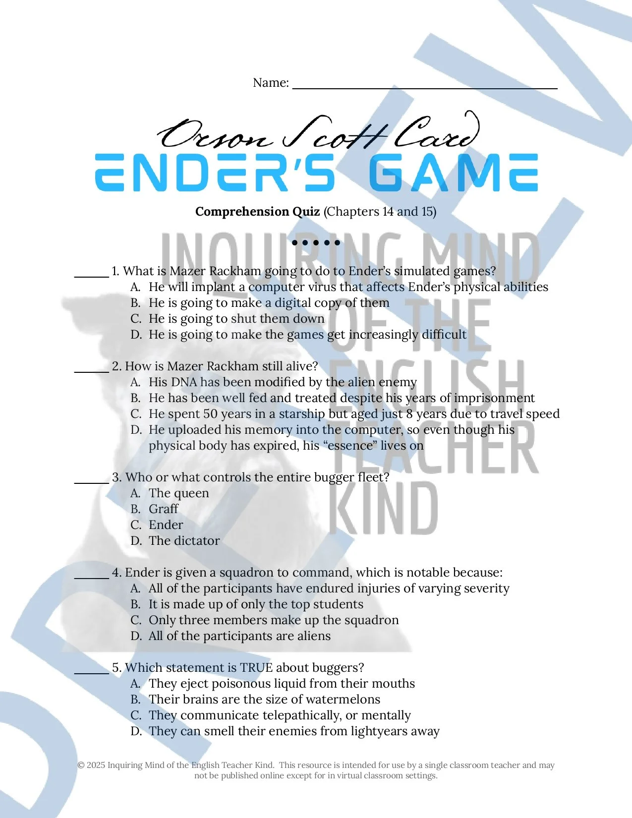 Ender's Game Bundle of Quizzes, Worksheets, Research Projects, Test ...