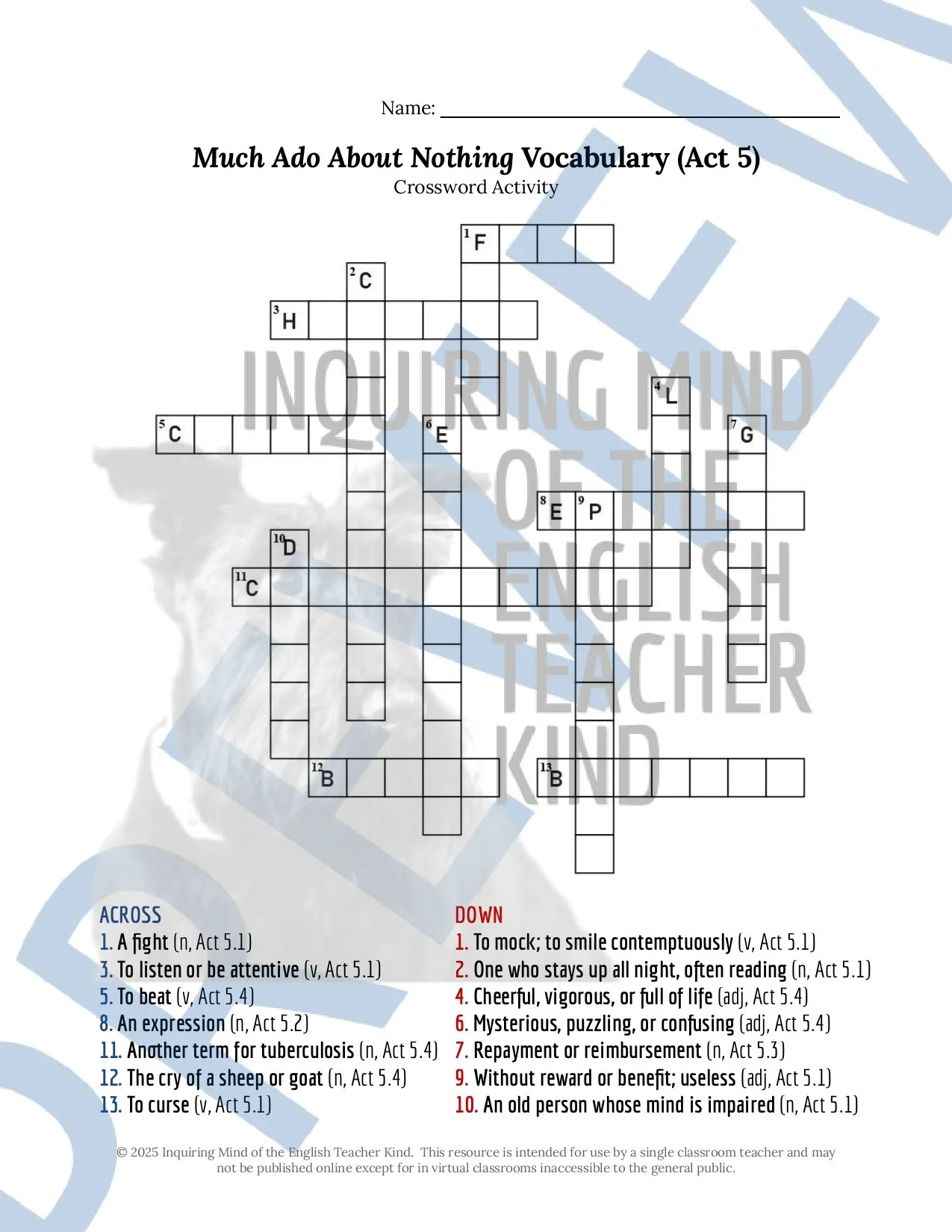 Shakespeare's Much Ado About Nothing Quizzes, Worksheets, Vocabulary ...