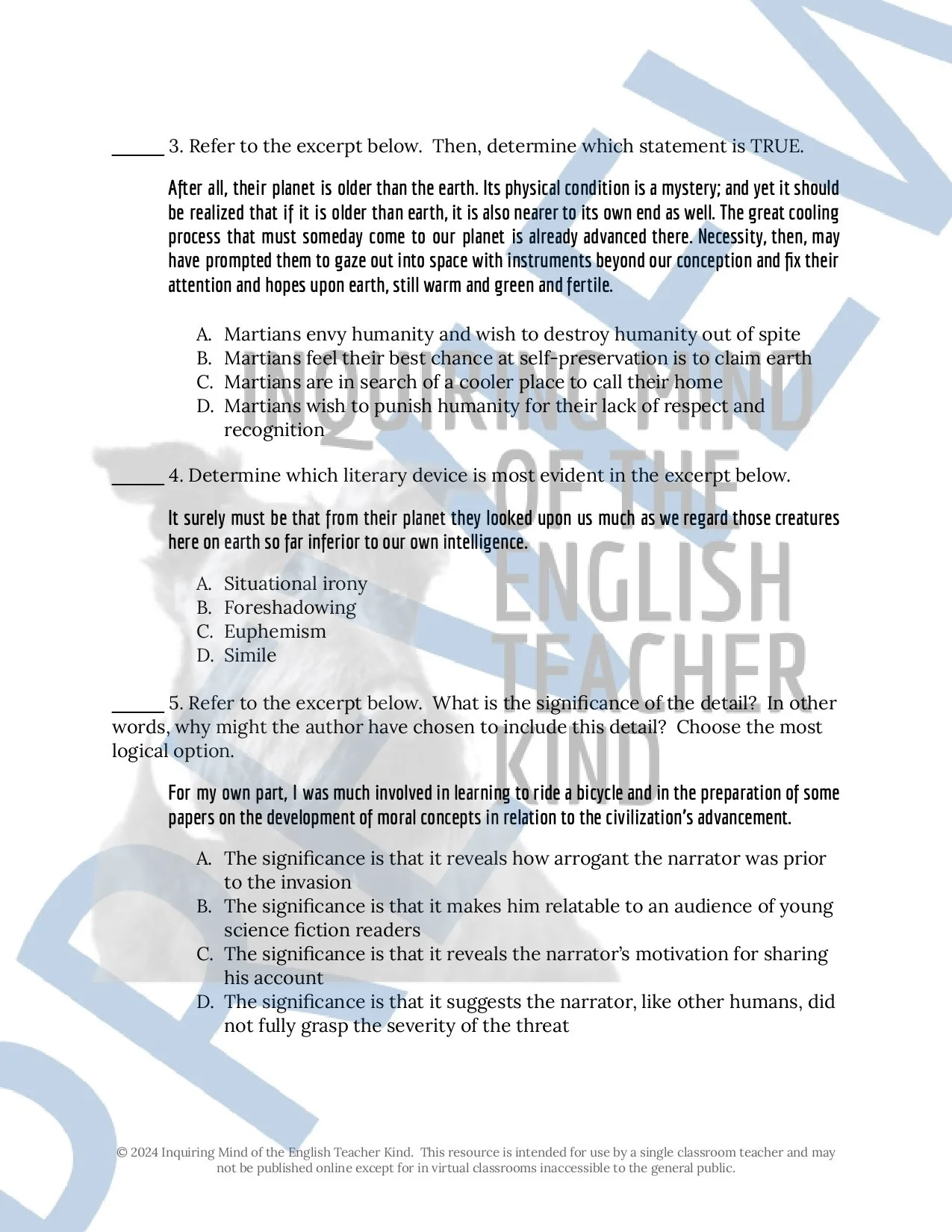 The War of the Worlds Quiz, Close Reading, Test, and Research Project ...