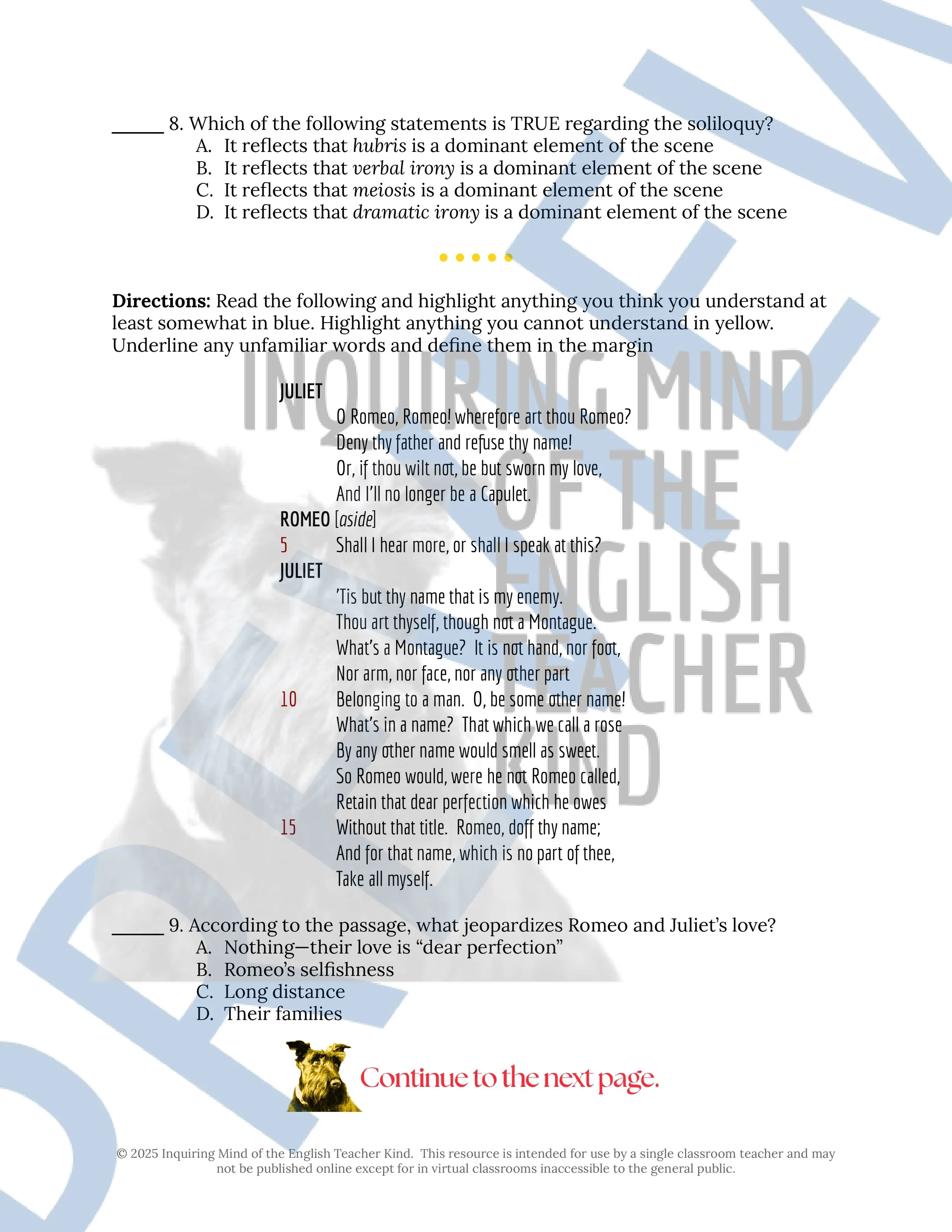 Romeo and Juliet Reading Guides, Vocabulary Games, Quizzes, Inference ...