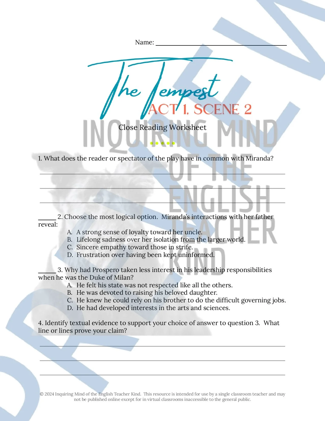 William Shakespeare's The Tempest Close Reading Analysis Worksheets ...