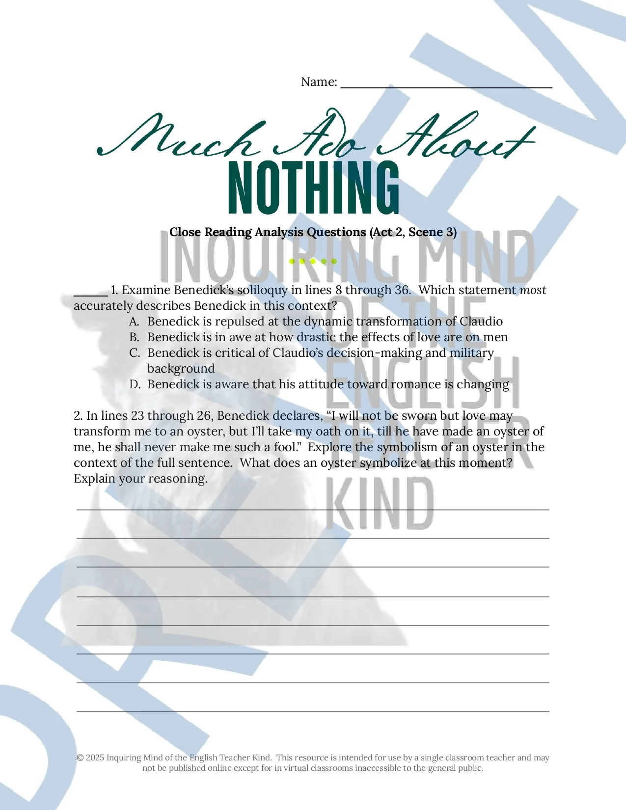 Much Ado About Nothing Close Reading Analysis Worksheets Bundle with ...