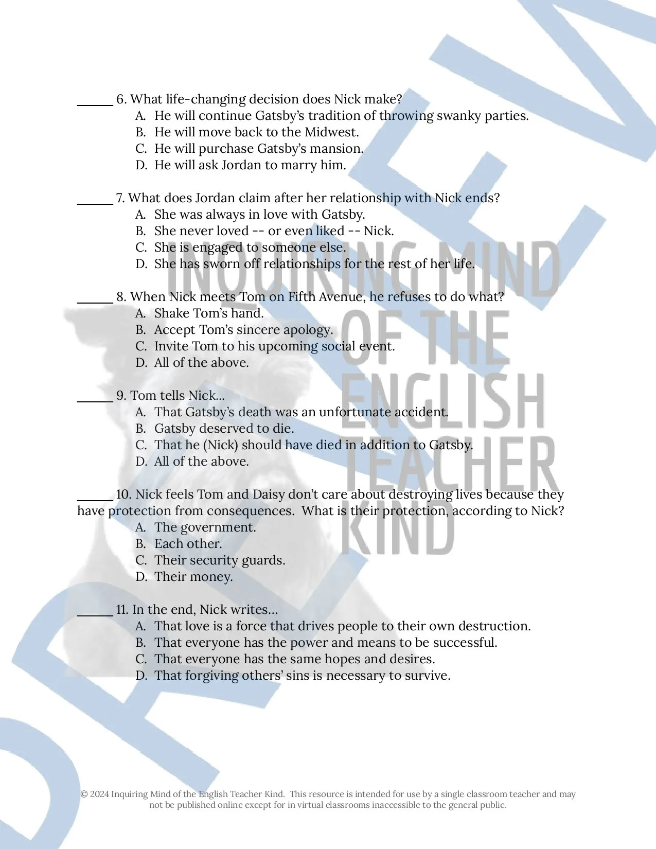 The Great Gatsby by F. Scott Fitzgerald Chapter 9 Quiz, Inference ...