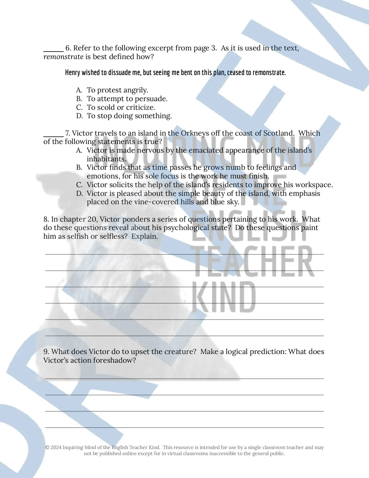 Frankenstein by Mary Shelley Close Reading Analysis Worksheets Bundle ...