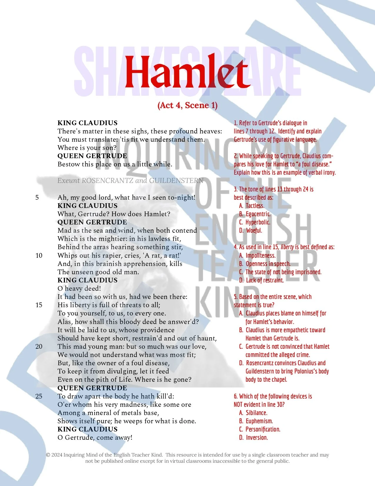 Hamlet Act 4 Quiz, Close Reading Worksheets, and Vocabulary Games ...