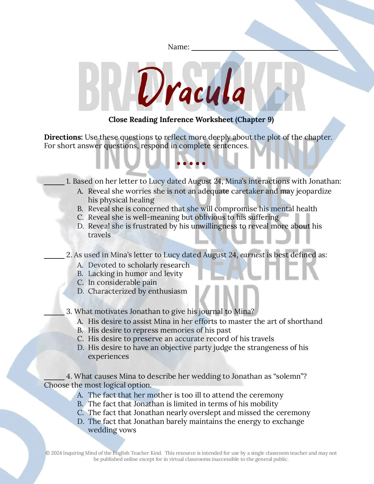 Dracula by Bram Stoker Chapters 8-10 Quiz, Close Reading Worksheets ...