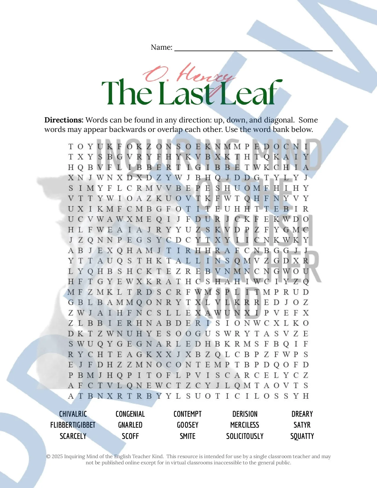 "The Last Leaf" by O. Henry Quiz, Close Reading, and Vocabulary Games ...