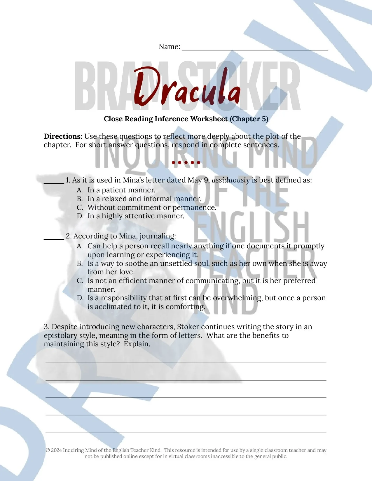 Dracula by Bram Stoker Chapters 5-7 Quiz, Close Reading Worksheets, and ...