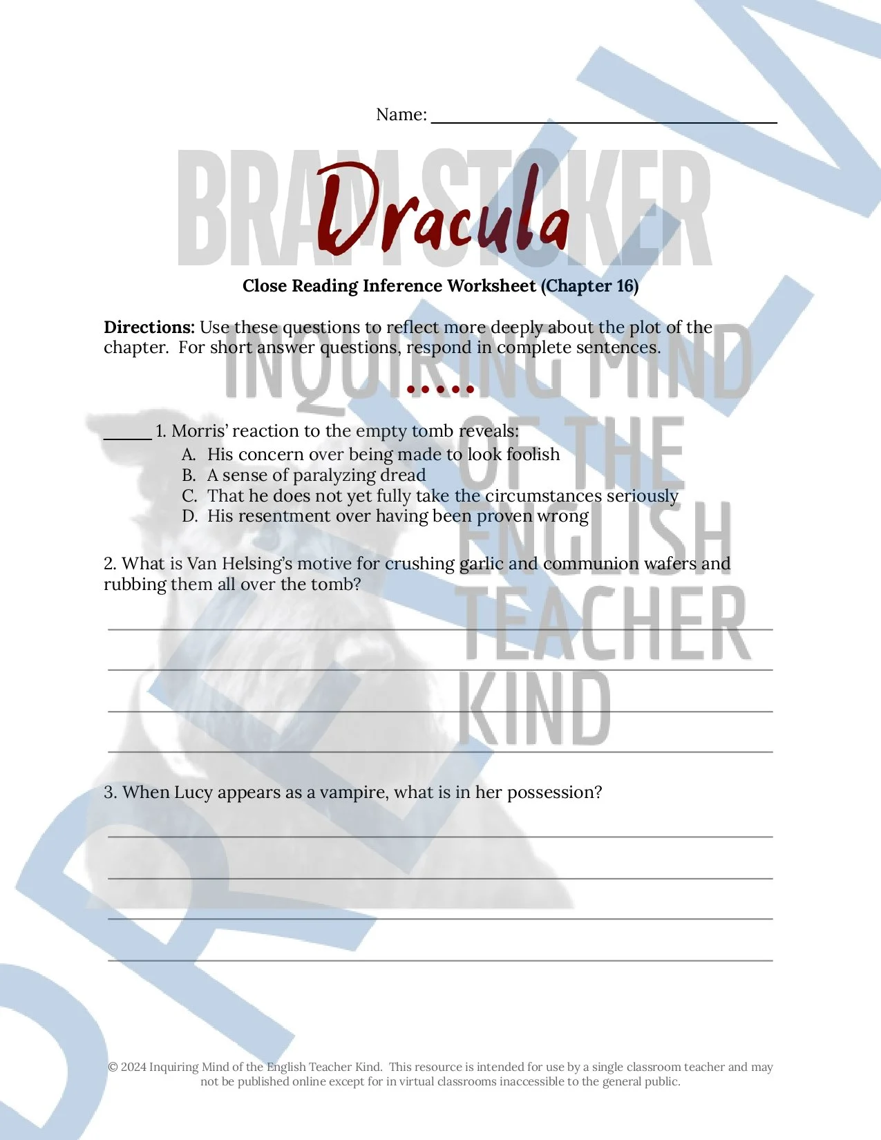 Dracula by Bram Stoker Chapters 14-17 Quiz, Close Reading Inference ...