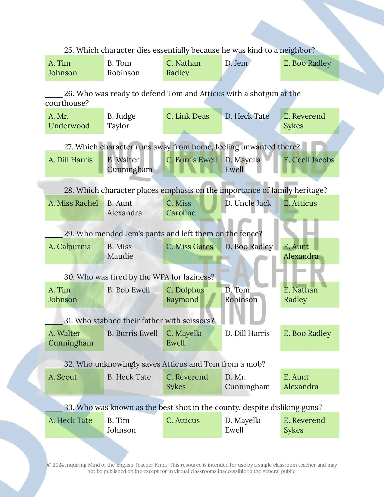 To Kill a Mockingbird Test and Answer Key with Study Guide for High ...