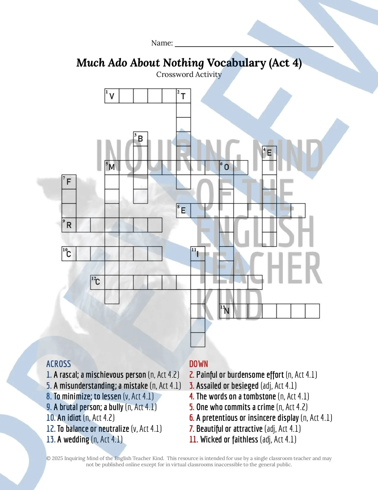 Shakespeare's Much Ado About Nothing Quizzes, Worksheets, Vocabulary ...