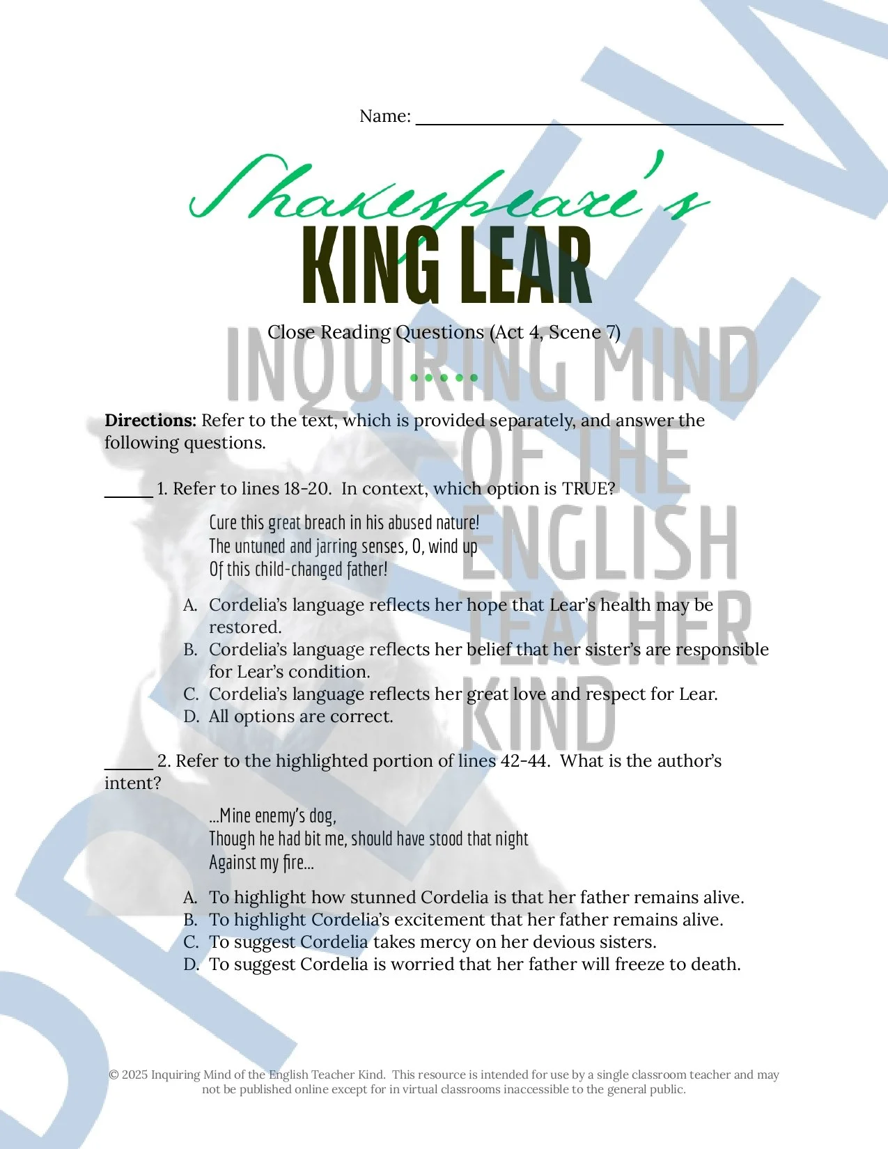 King Lear Quizzes, Vocabulary Games, Inference Worksheets, Test, and ...