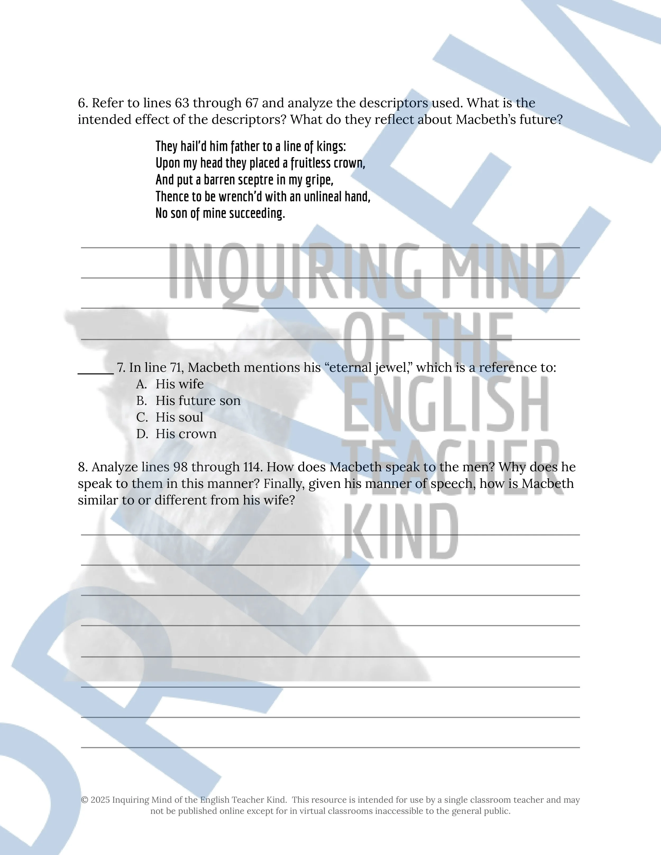 Macbeth Close Reading Analysis Worksheets and Answer Keys Bundle for ...