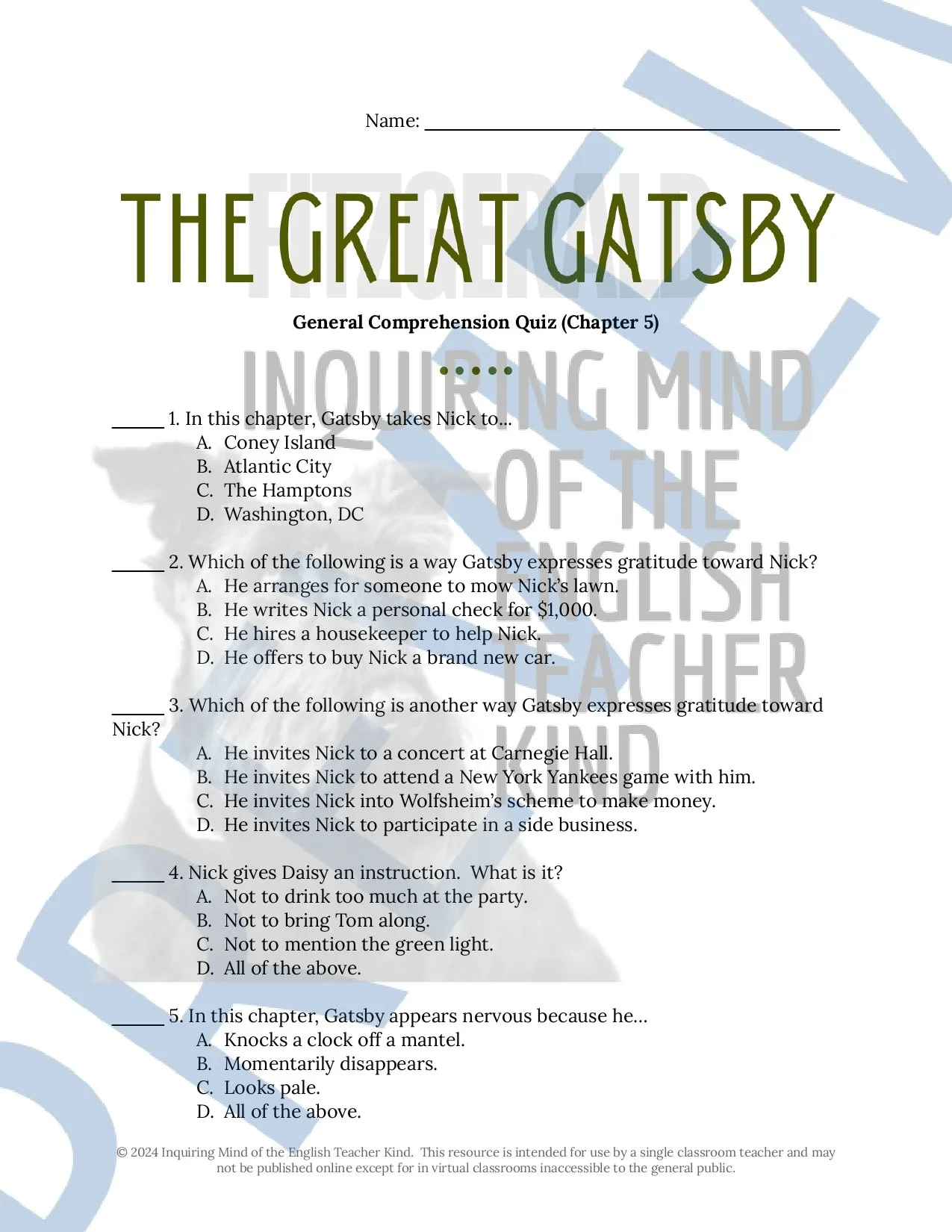 The Great Gatsby by F. Scott Fitzgerald Chapter 5 Quiz, Inference ...