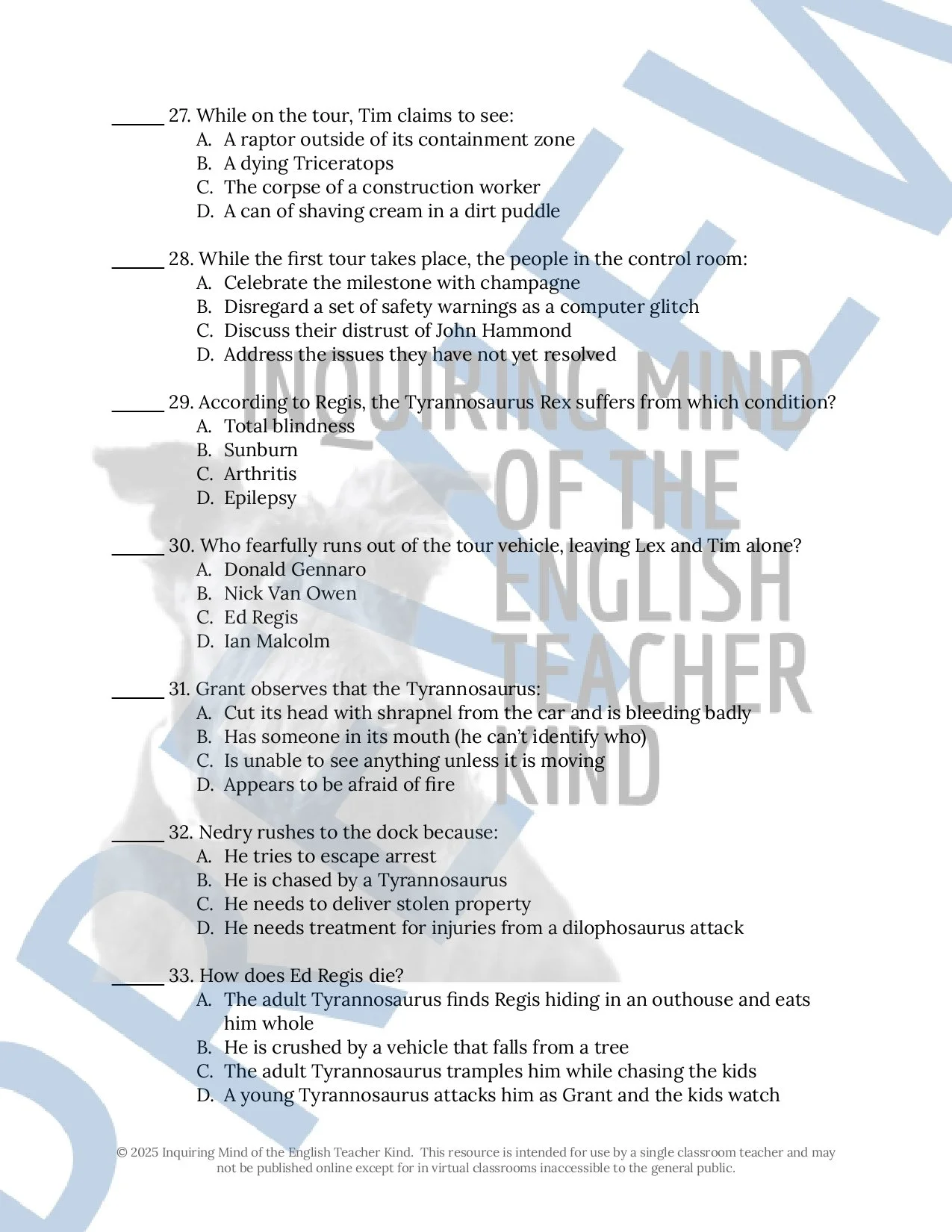 Jurassic Park by Michael Crichton Test and Answer Key with Study Guide ...