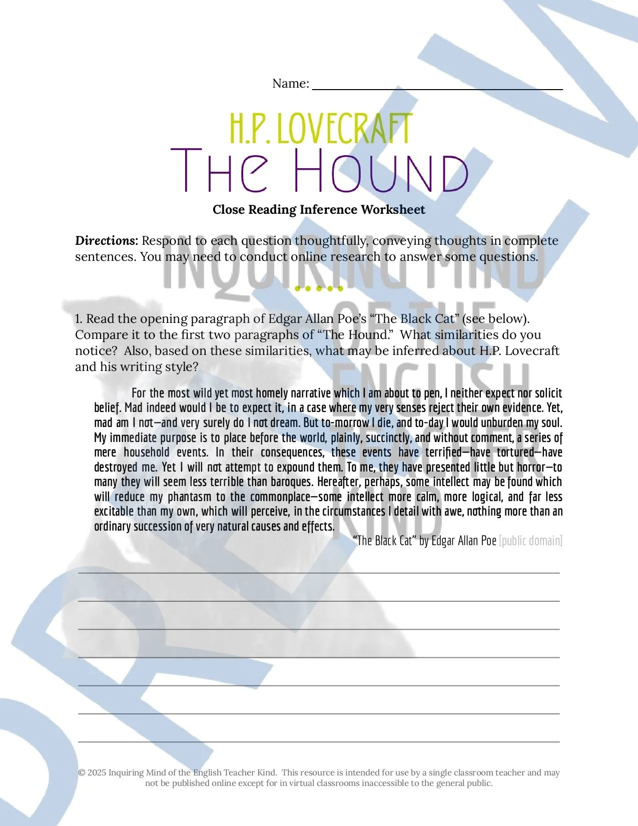 "The Hound" by H.P. Lovecraft Quiz, Close Reading Worksheet, and ...