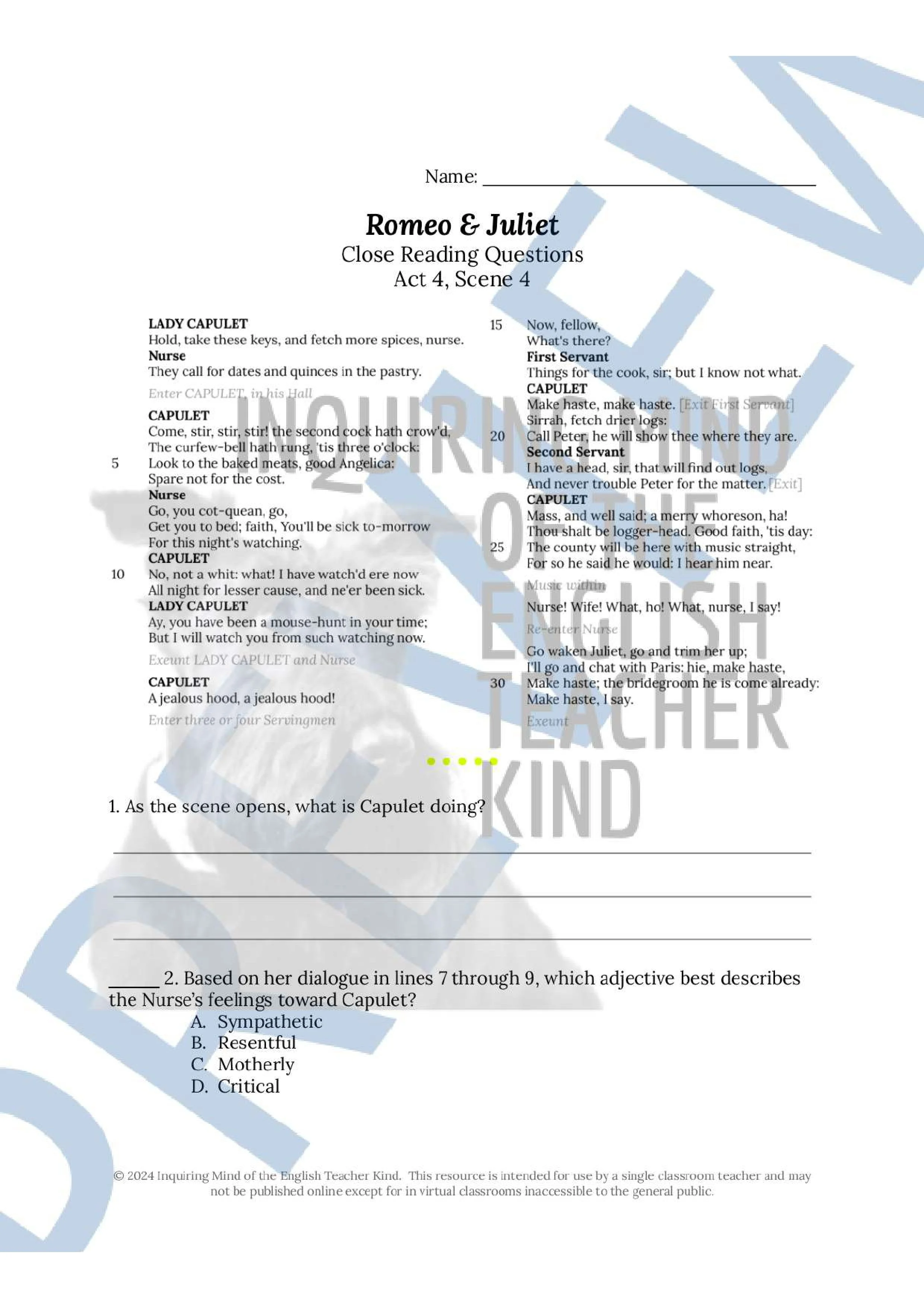 Romeo and Juliet Close Reading Analysis Worksheets Bundle with Answer ...