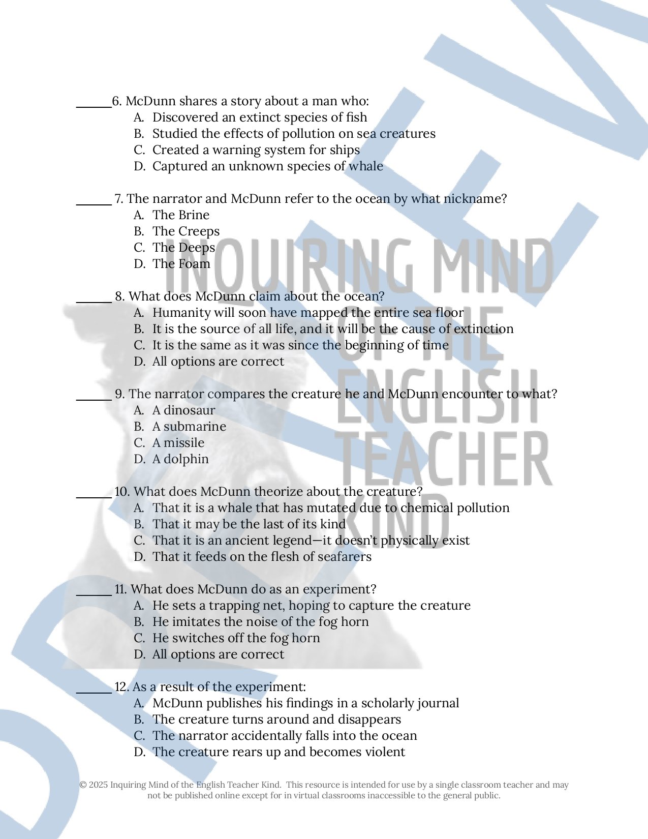 "The Fog Horn" by Ray Bradbury Quiz, Close Reading, and Vocabulary ...