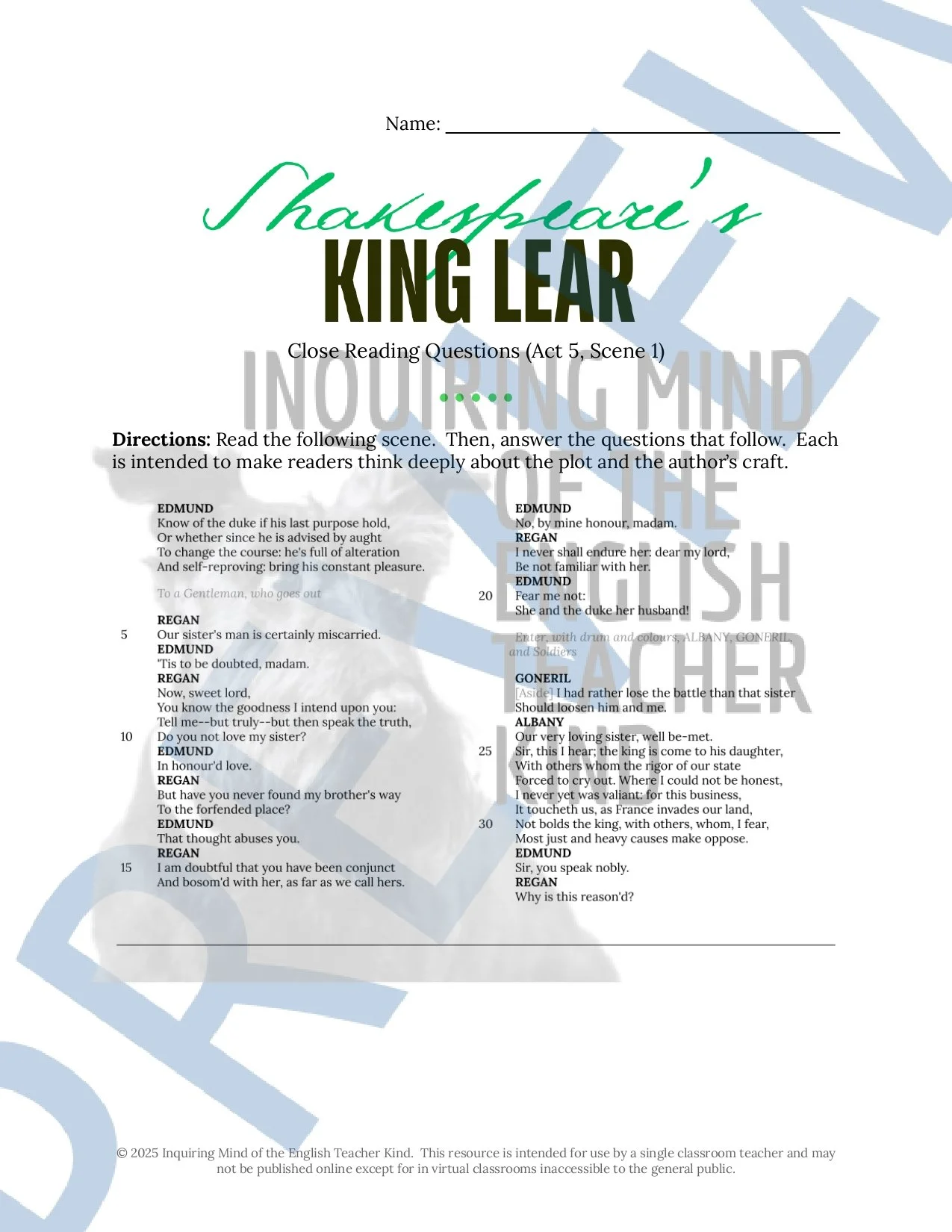 King Lear Quizzes, Vocabulary Games, Inference Worksheets, Test, and ...