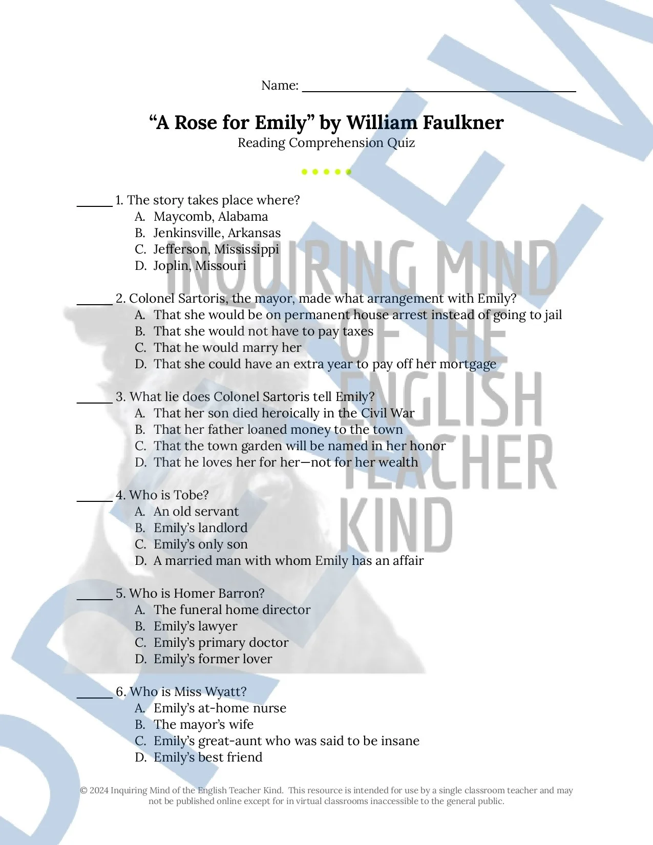 "A Rose for Emily" by William Faulkner Quiz, Close Reading Worksheet ...