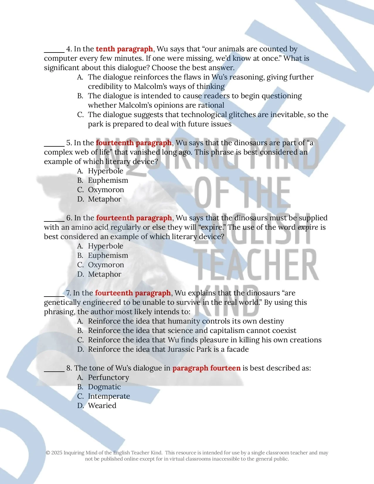 Jurassic Park by Michael Crichton Third Iteration Quiz, Analysis ...