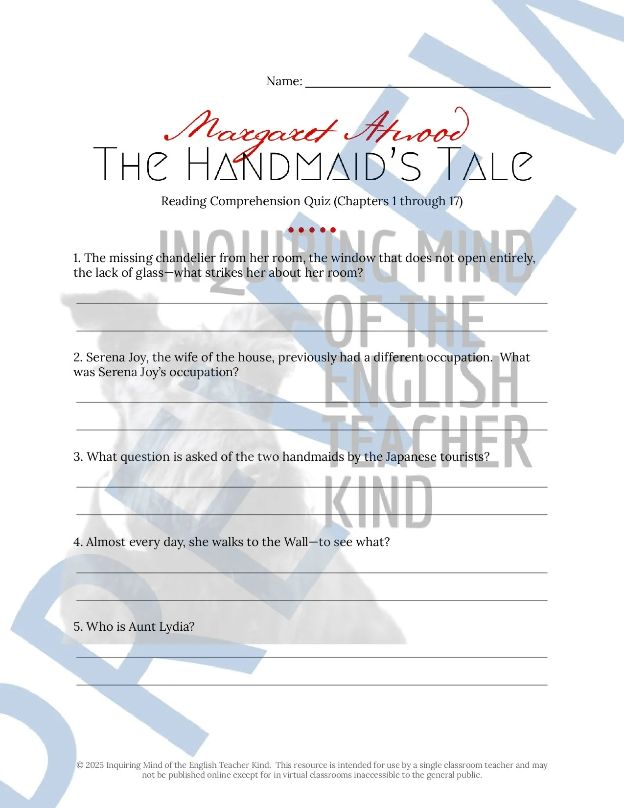 The Handmaid's Tale by Margaret Atwood Quiz and Answer Key Bundle for ...