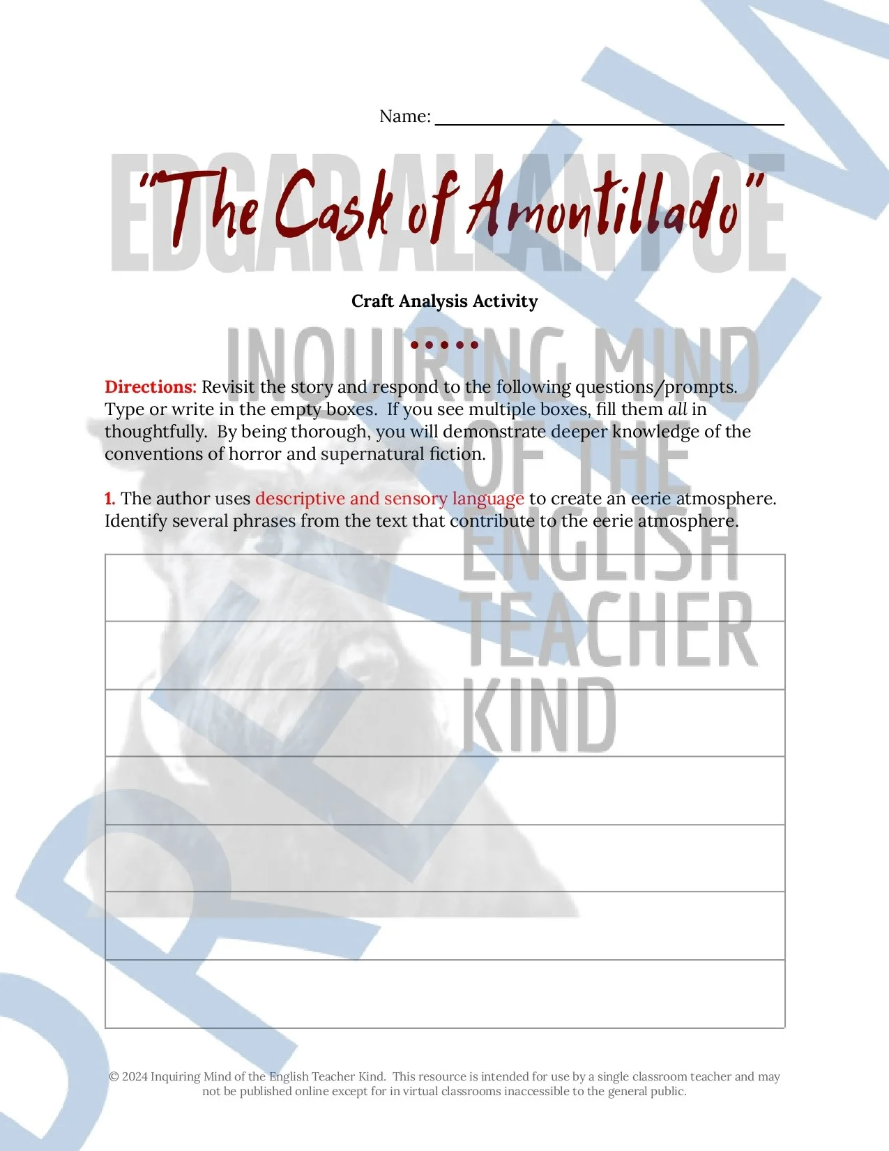 "The Cask of Amontillado" by Edgar Allan Poe Quiz, Close Reading, and ...