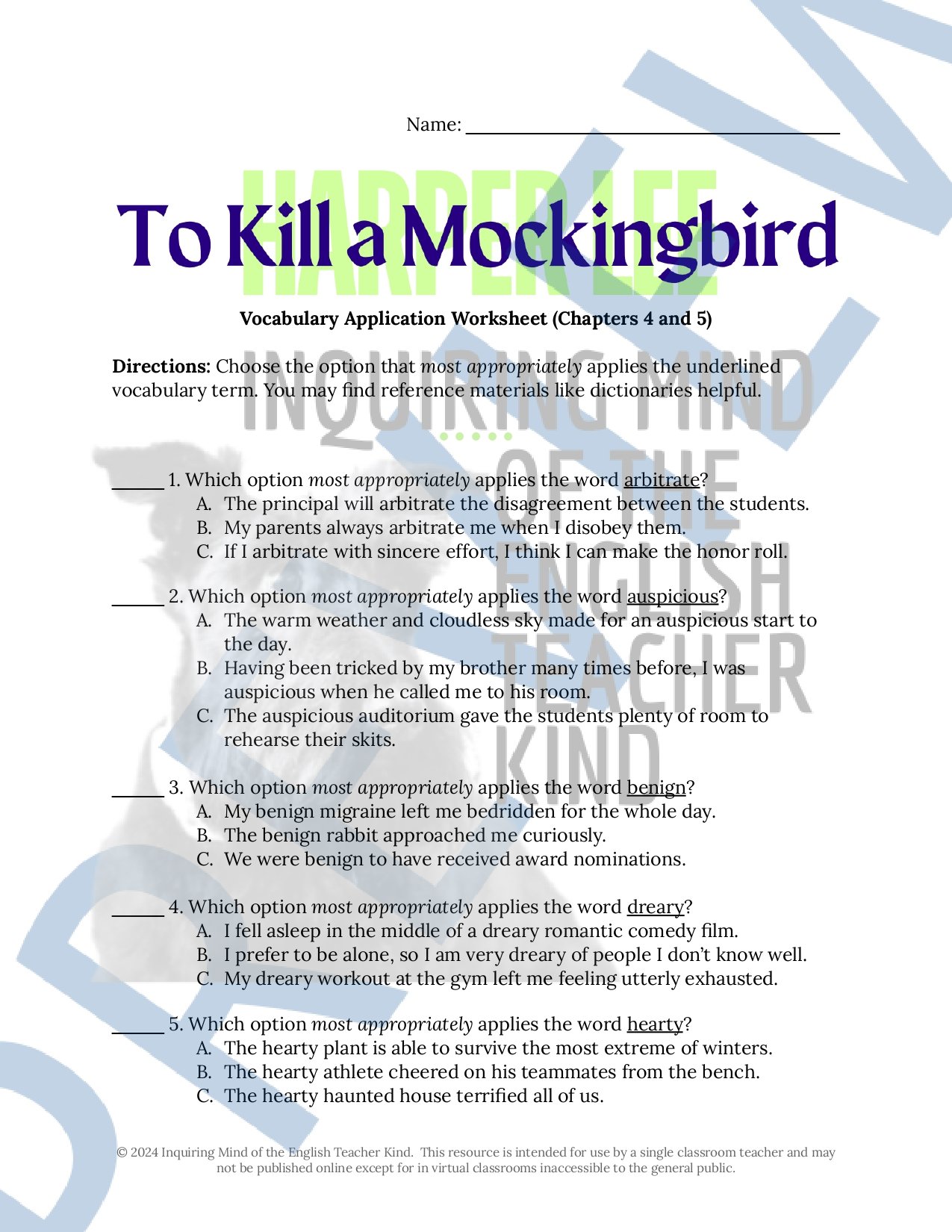 To Kill a Mockingbird Chapters 4 and 5 Quizzes, Inference Worksheets ...