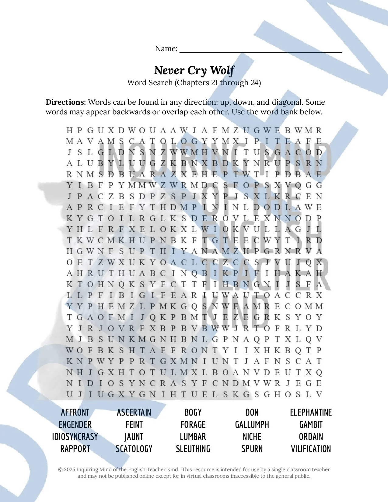 Never Cry Wolf by Farley Mowat Vocabulary Games for High School English ...