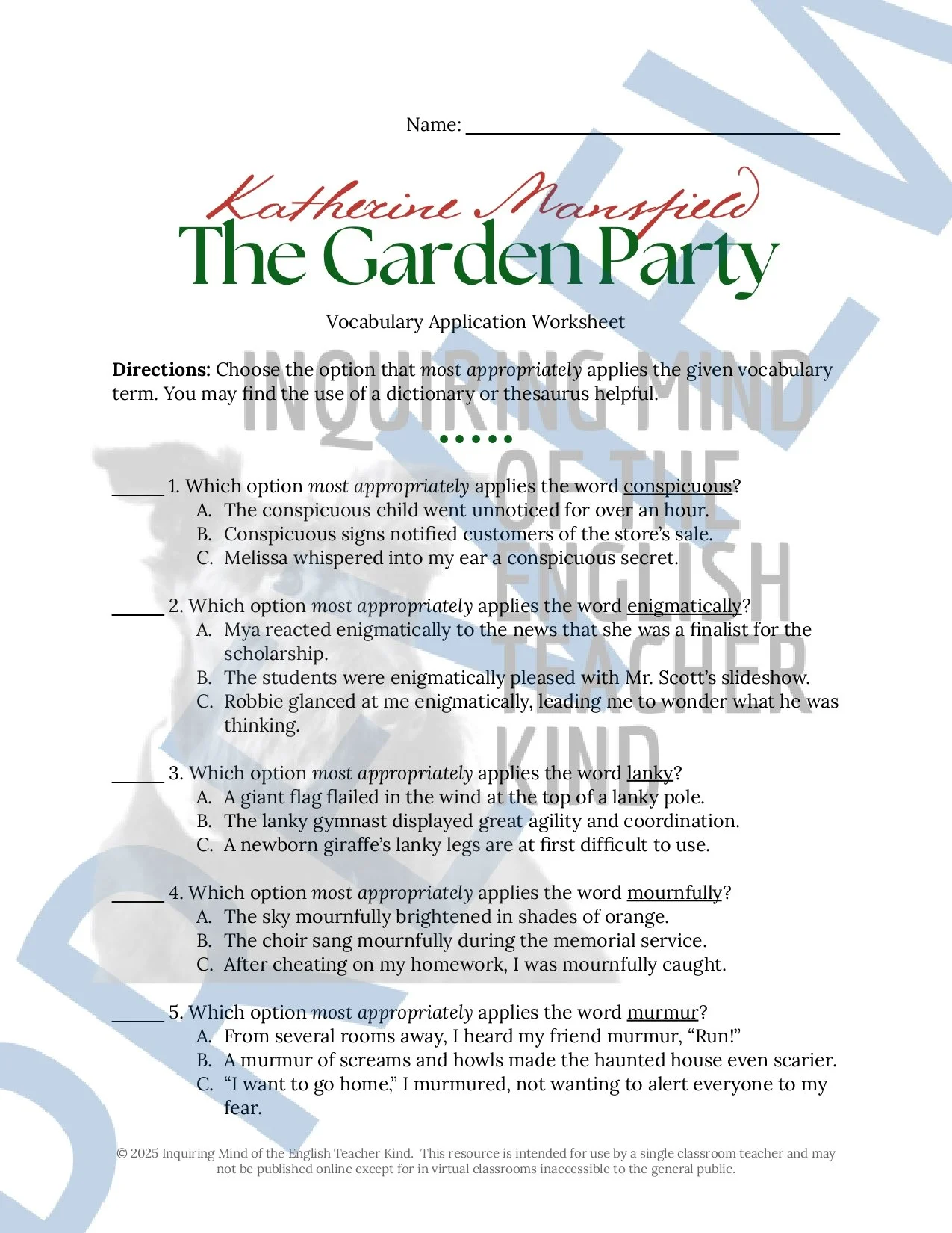 "The Garden Party" by Katherine Mansfield Quiz, Close Reading, and ...
