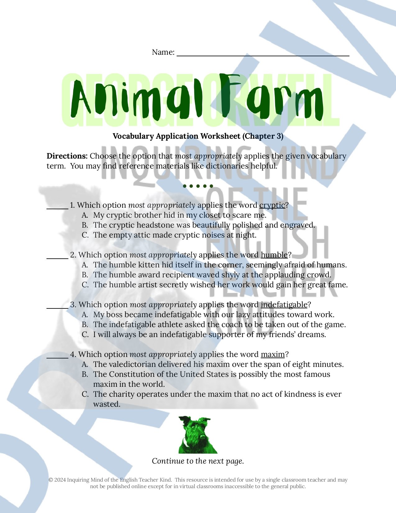 Animal Farm by George Orwell Vocabulary Development Games and ...
