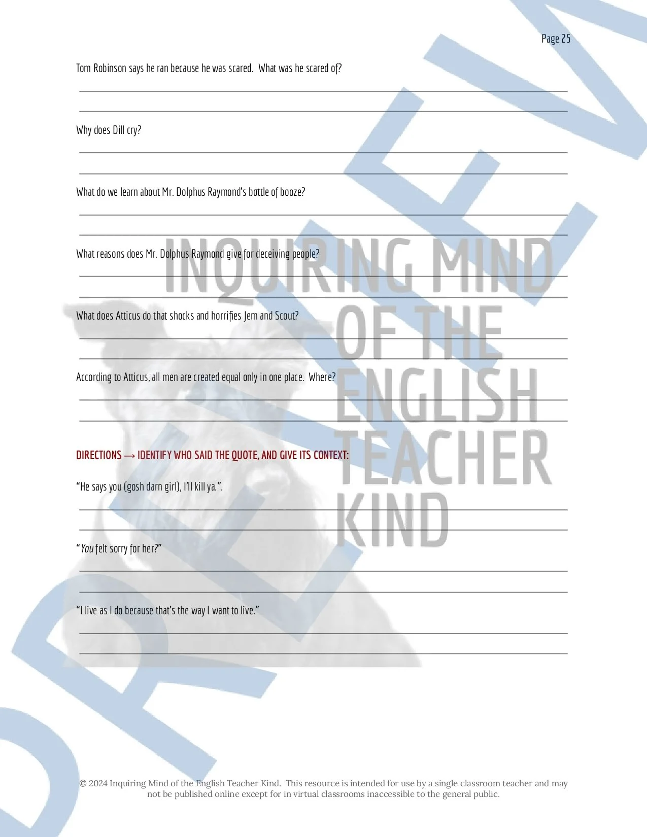 To Kill a Mockingbird Novel Study Guide with Answer Key for High School ...