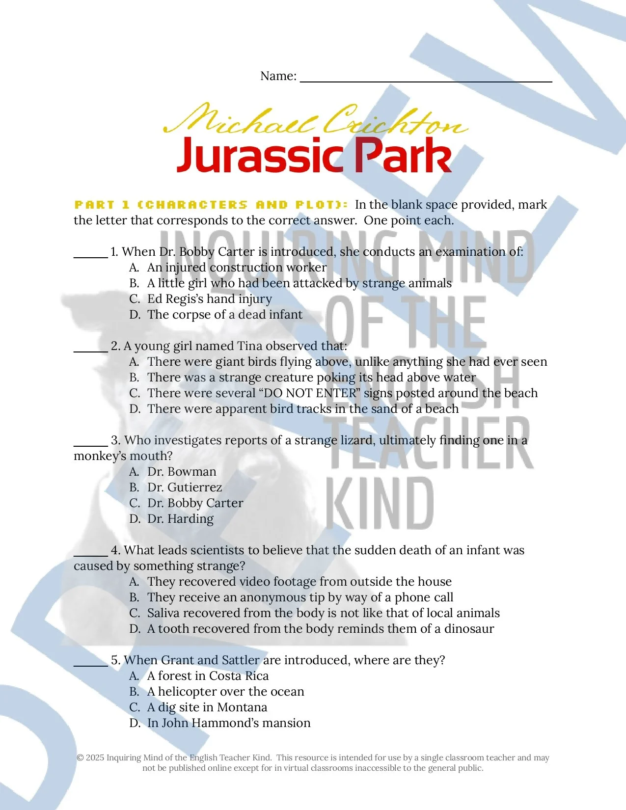 Jurassic Park by Michael Crichton Test and Answer Key with Study Guide ...