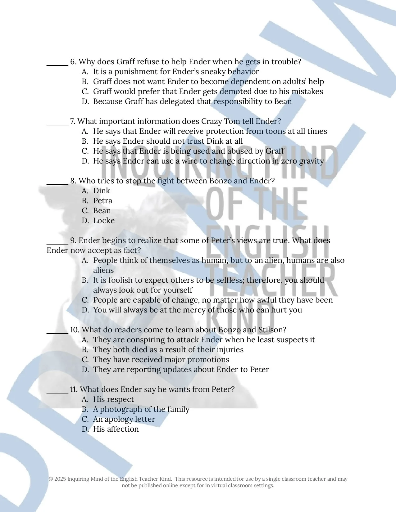 Ender's Game Quiz and Answer Key Bundle — Inquiring Mind of the English ...