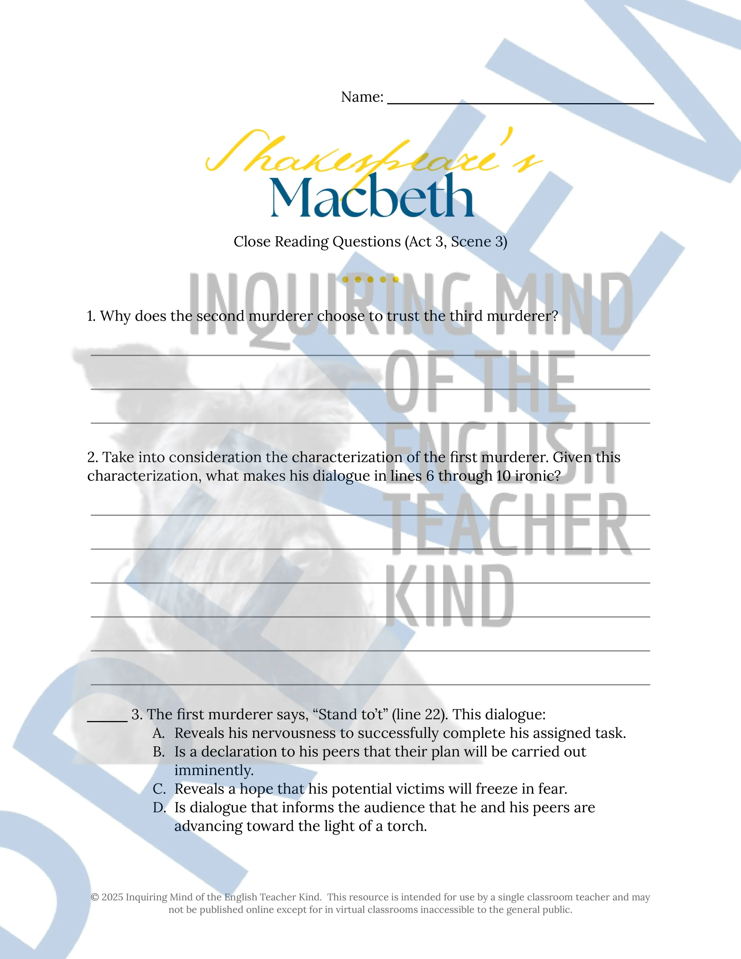 Macbeth Act 3 Quiz and Close Reading Worksheets Bundle by Inquiring ...