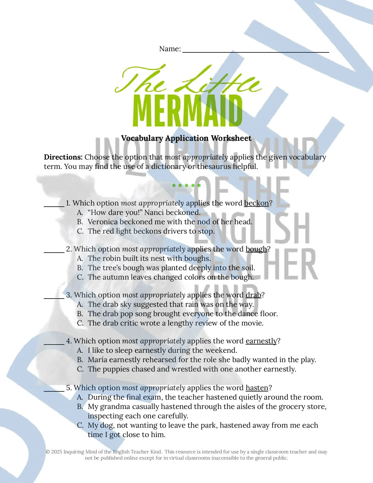 "The Little Mermaid" Quiz, Close Reading Activities, and Vocabulary ...
