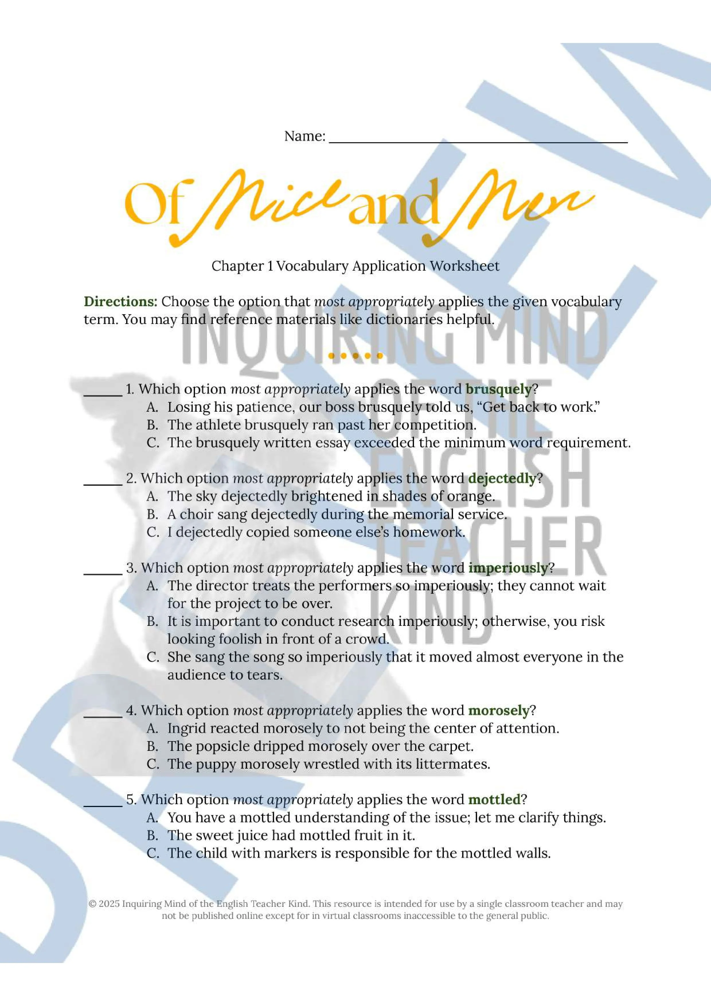 Of Mice and Men Quizzes, Analysis Worksheets, Vocabulary Activities ...