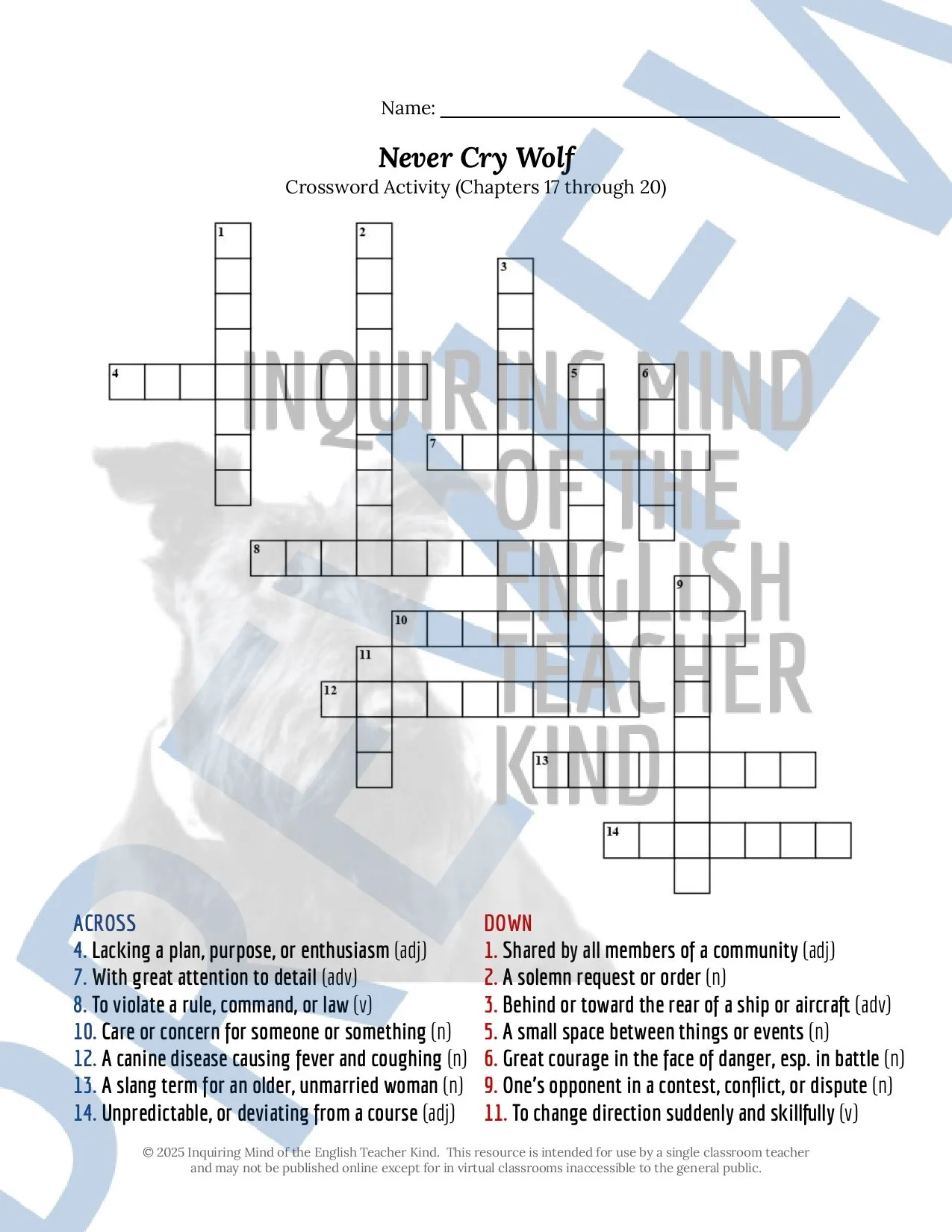 Never Cry Wolf by Farley Mowat Vocabulary Games for High School English ...