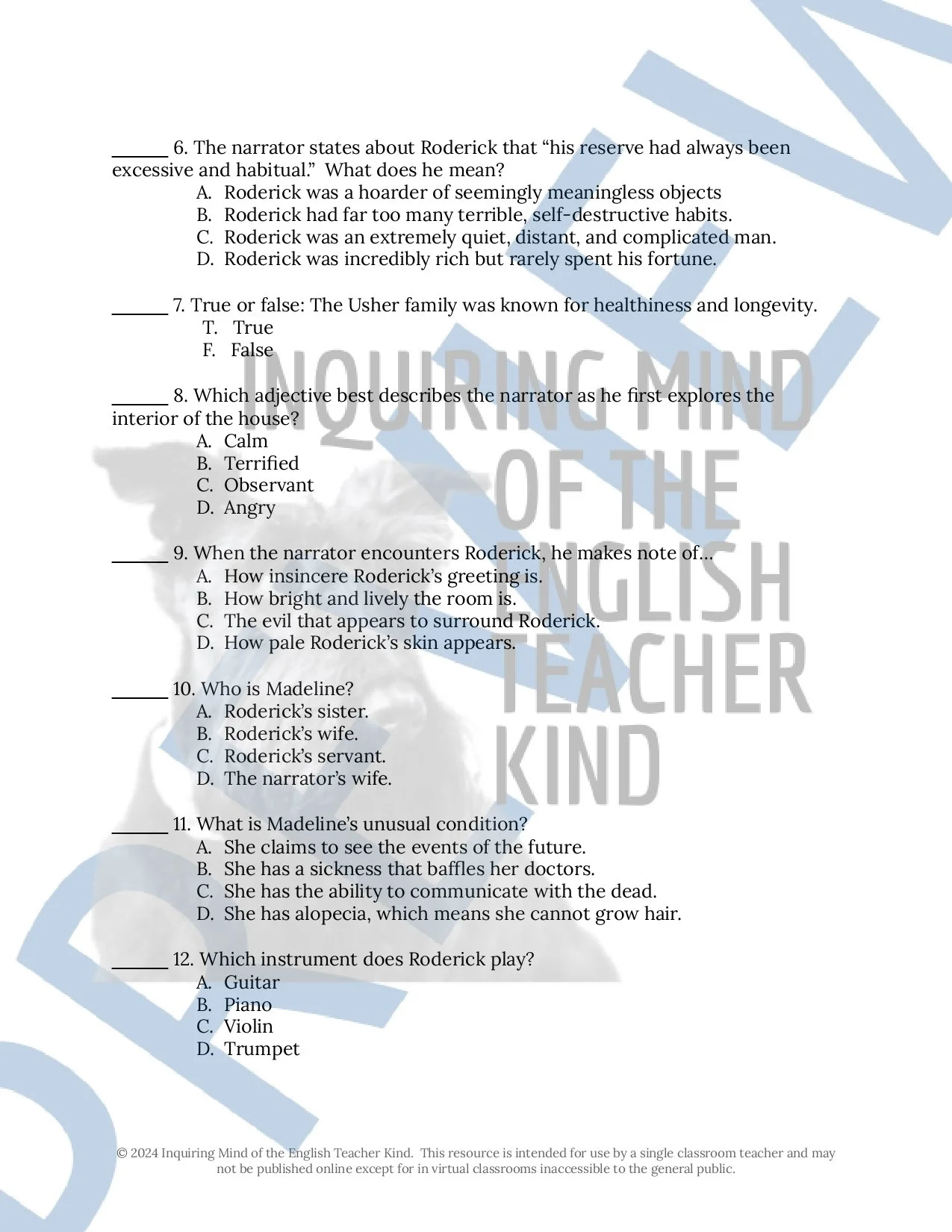 "The Fall of the House of Usher" Quiz, Close Reading Inference ...