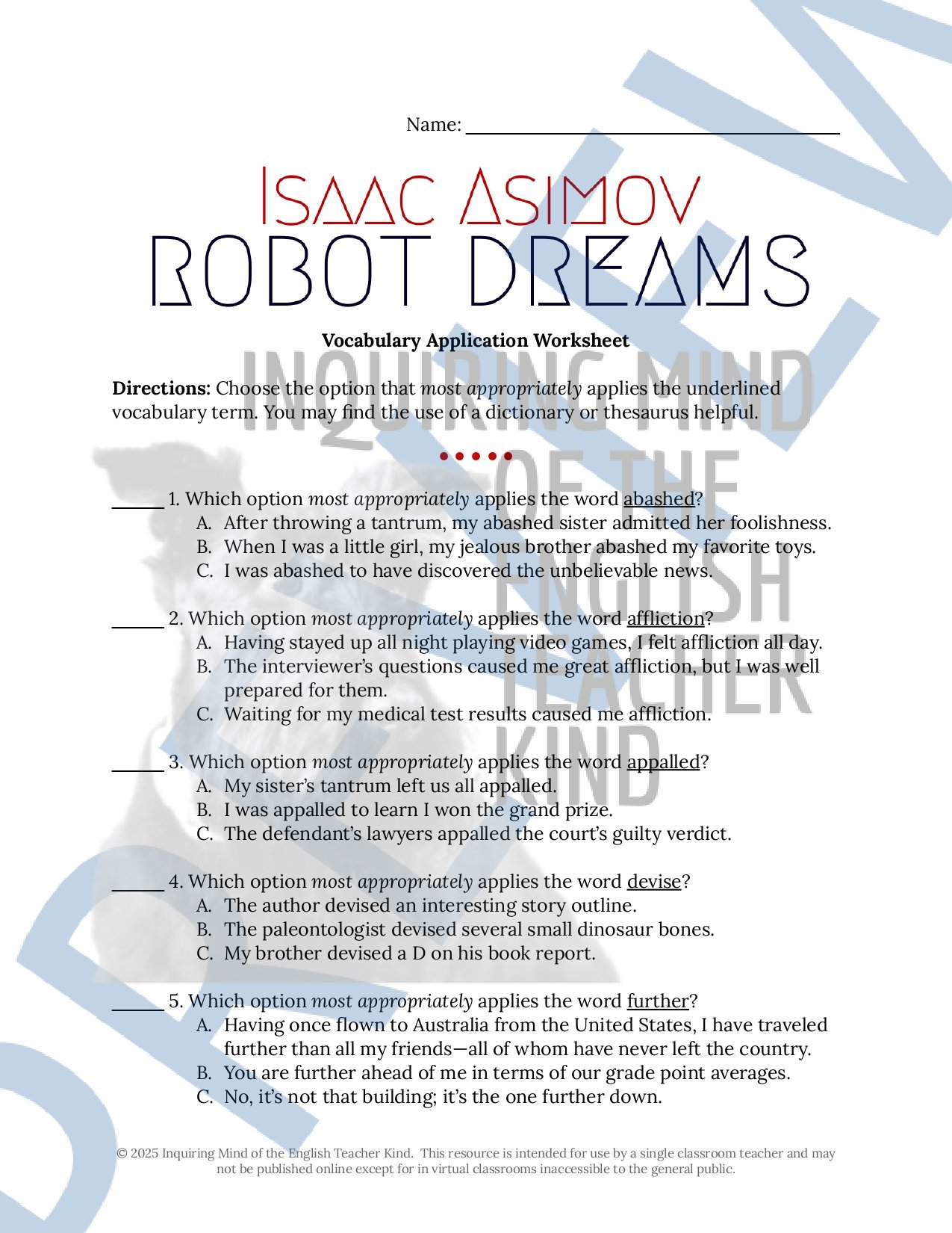 "Robot Dreams" by Isaac Asimov Quiz, Inference Worksheet, and ...