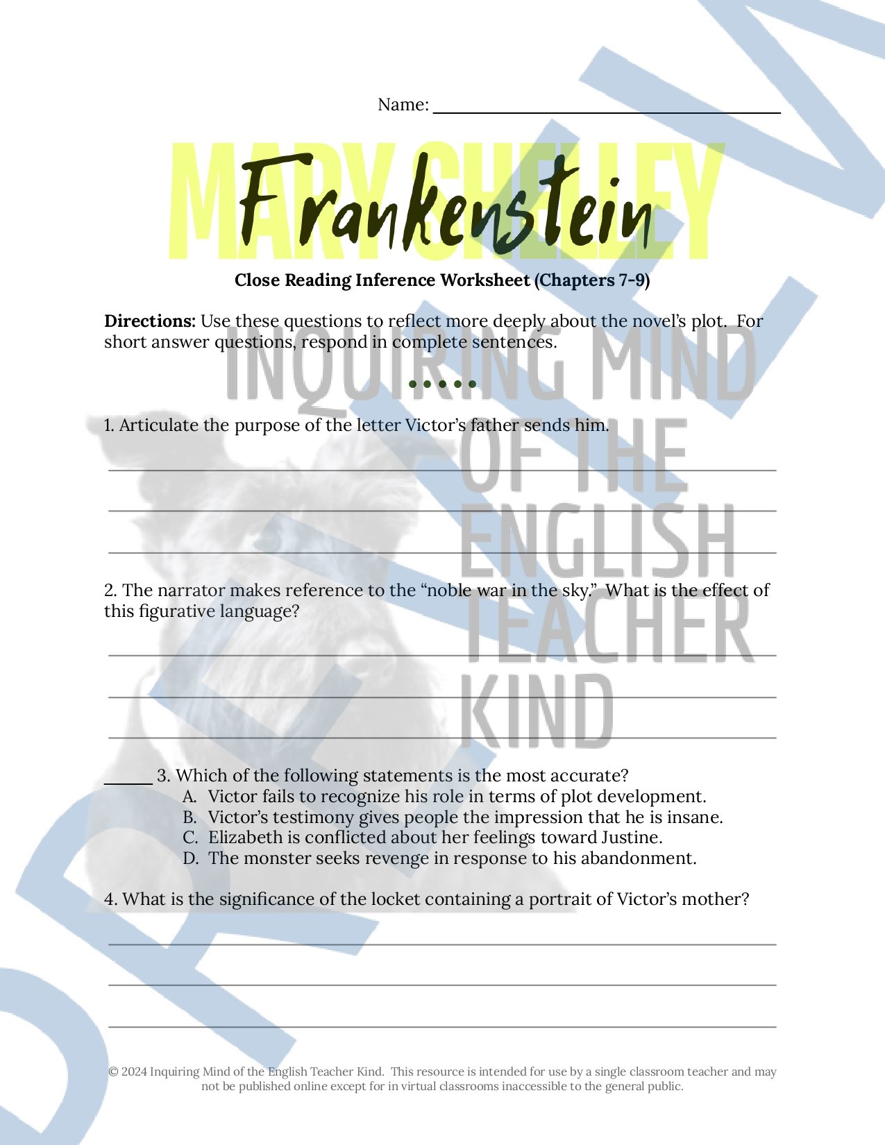 Frankenstein Quiz, Close Reading, Vocabulary Development, Test, and ...