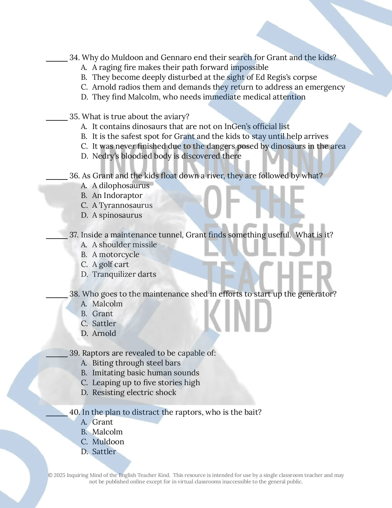 Jurassic Park Quizzes, Analysis Worksheets, Vocabulary Games, Project ...