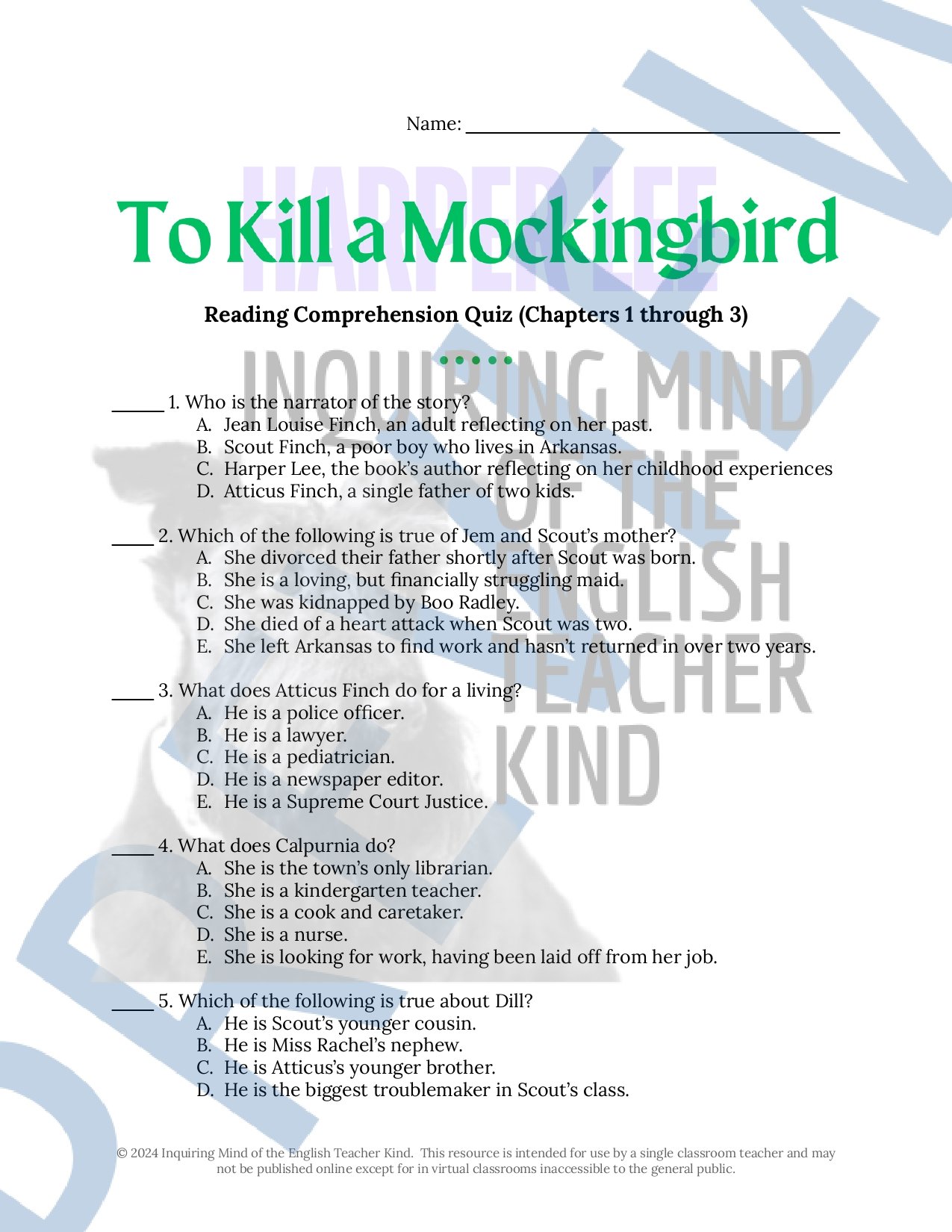 To Kill a Mockingbird Chapters 1, 2, and 3 Quiz, Inference Worksheets ...