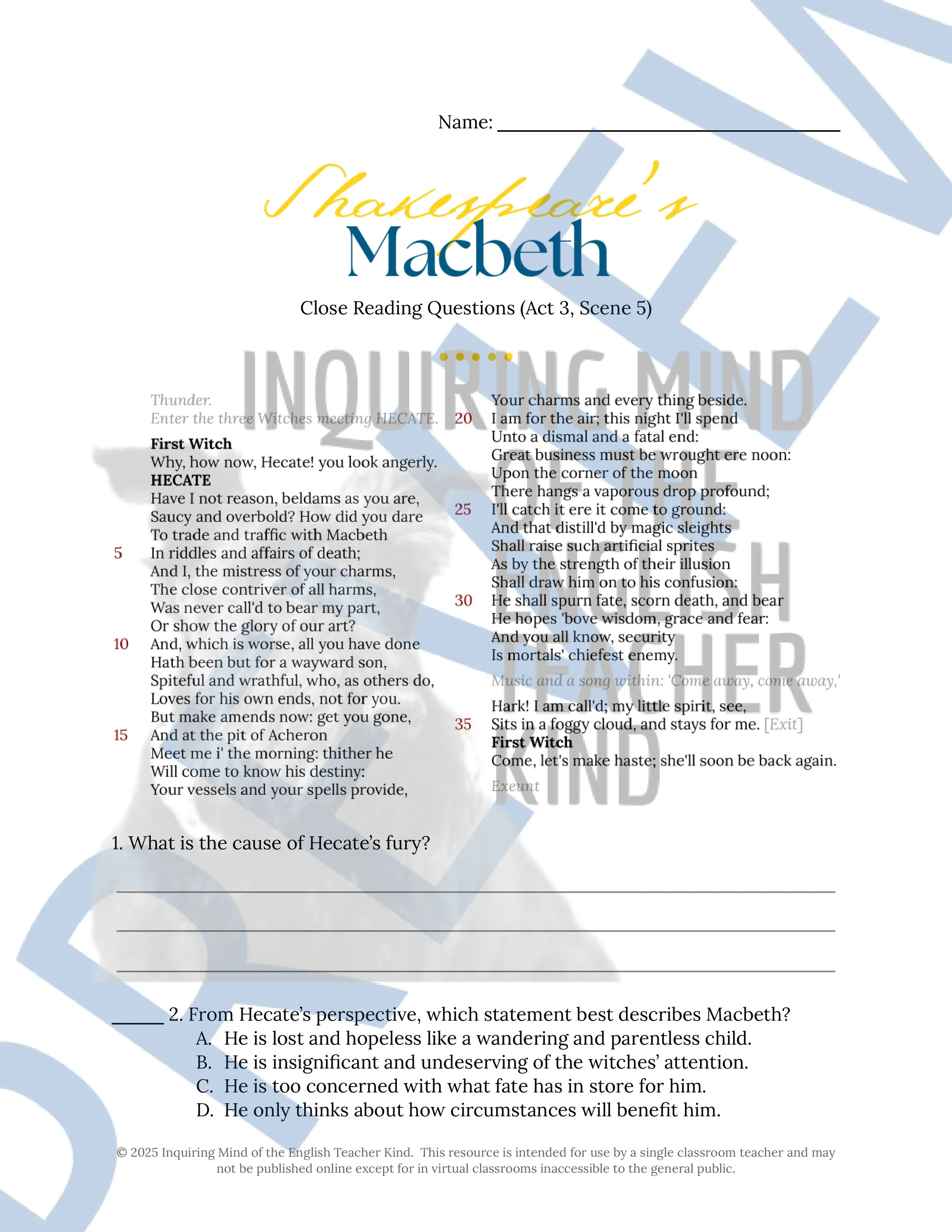 Macbeth Act 3 Quiz and Close Reading Worksheets Bundle by Inquiring ...