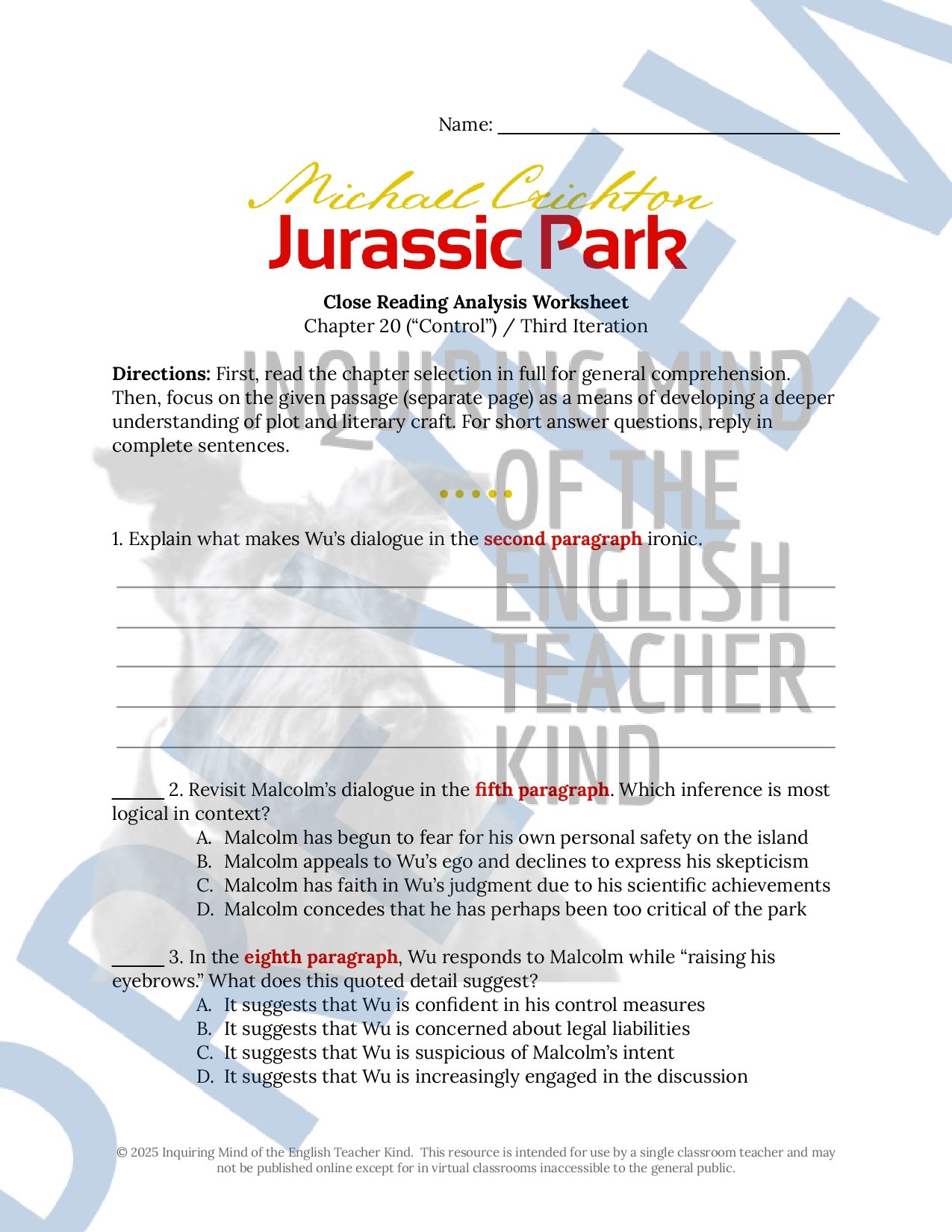 Jurassic Park Quizzes, Analysis Worksheets, Vocabulary Games, Project ...