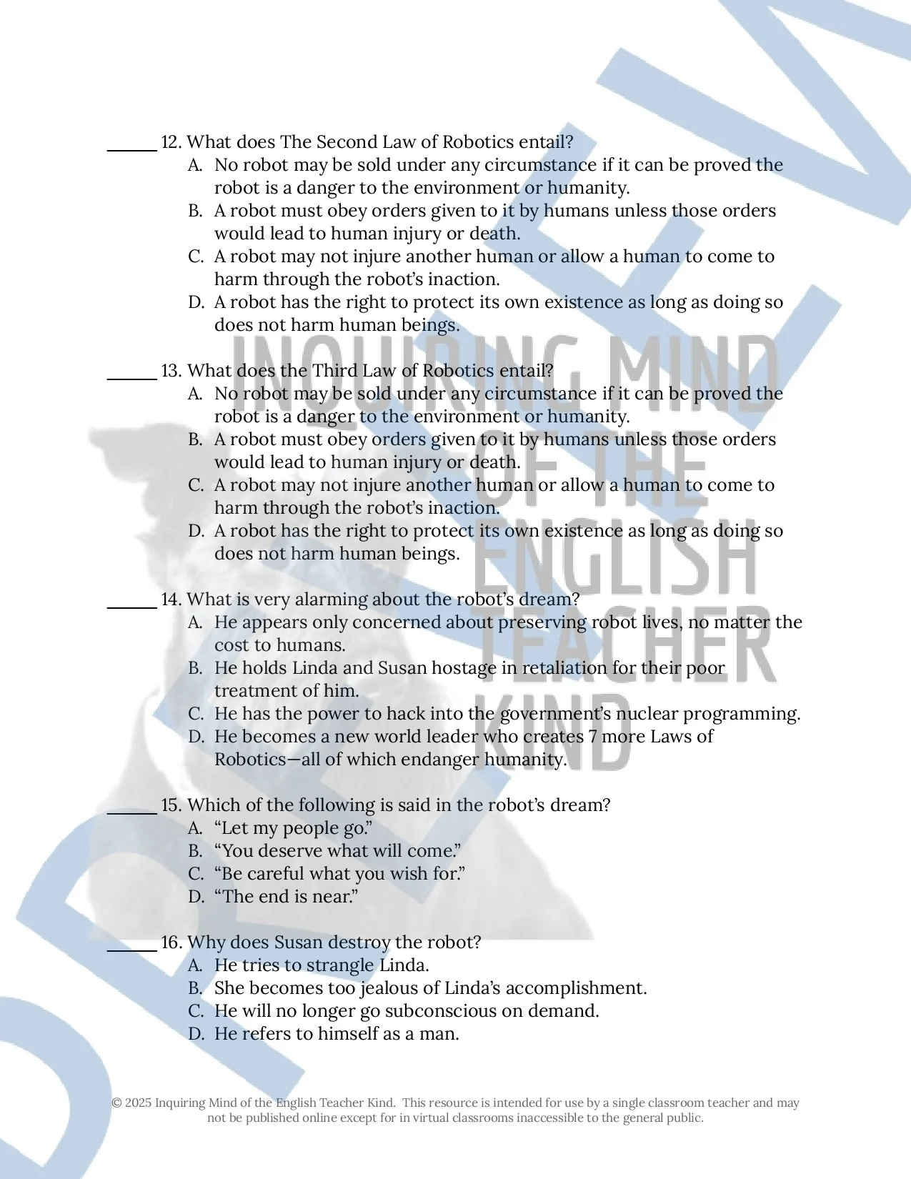 "Robot Dreams" by Isaac Asimov Quiz, Inference Worksheet, and ...